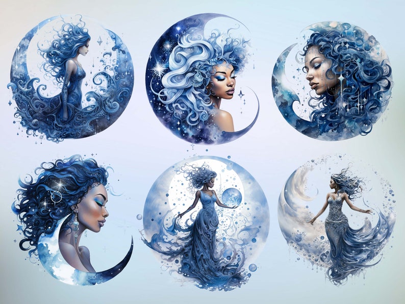 Celestial Clipart, Blue Moon Goddess Clip Art, 20 Fantasy PNG Bundle ...