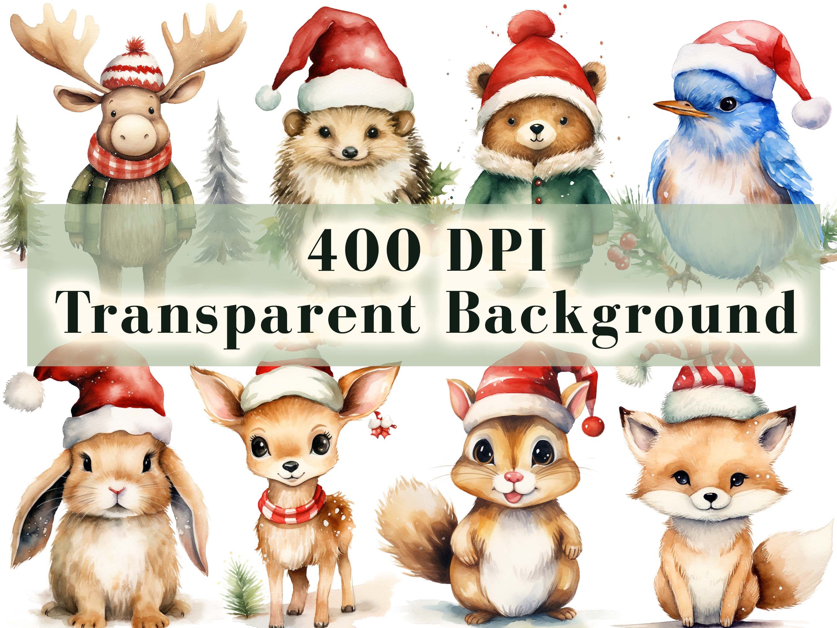 Woodland Christmas Clipart Bundle, 20 PNG, Watercolor Winter, Cute ...