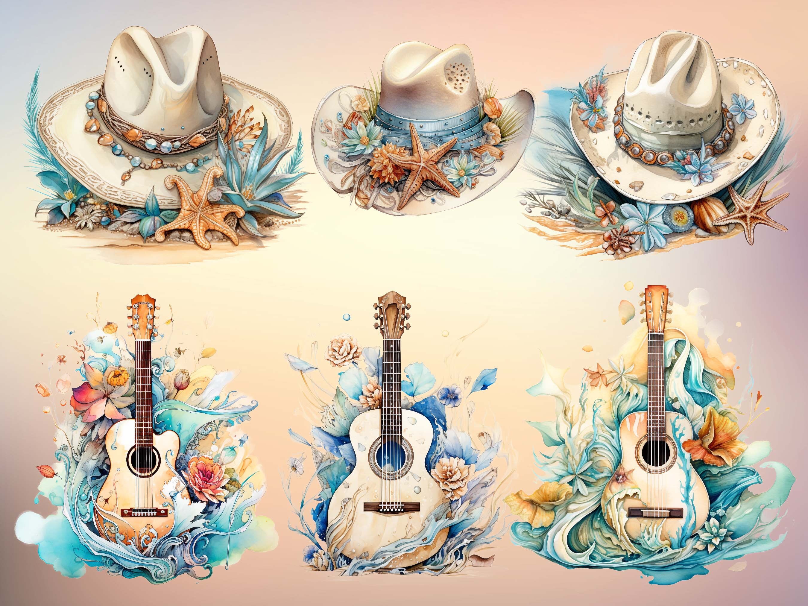 Watercolor Coastal Cowgirl Clip Art Bundle - 20 PNG Graphics, Disco ...