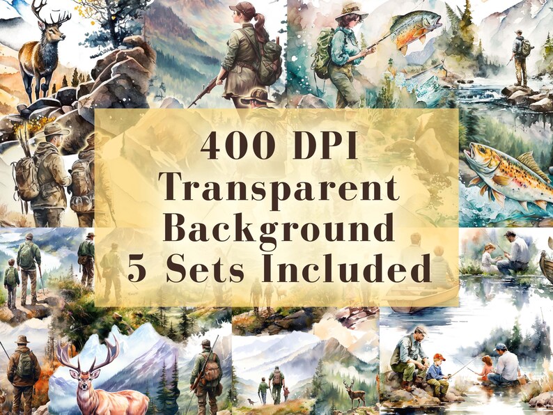 Watercolor Hunting Fishing Clipart Mega Bundle - 100 PNG Graphics ...