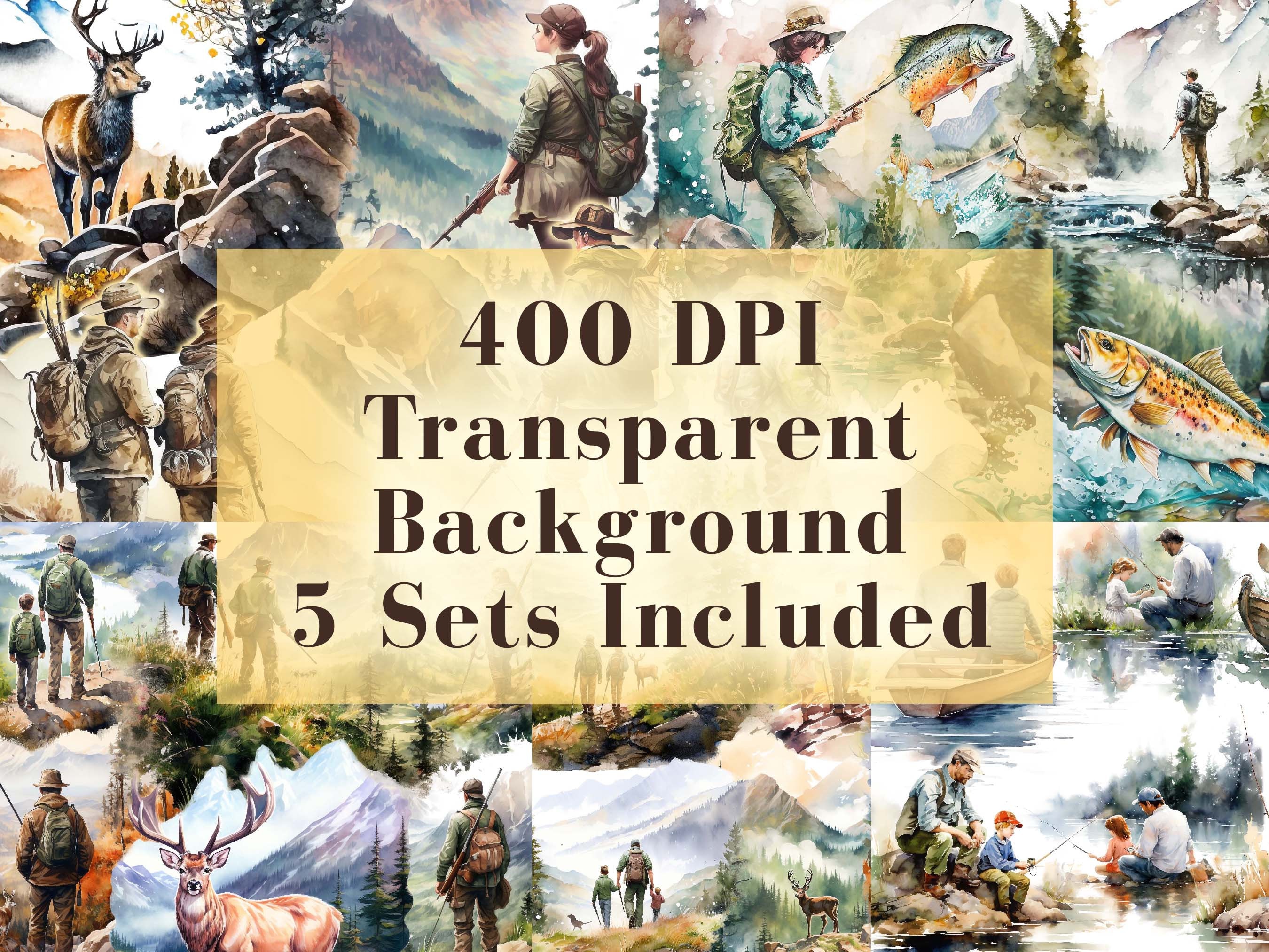 Watercolor Hunting Fishing Clipart Mega Bundle 100 PNG Graphics ...