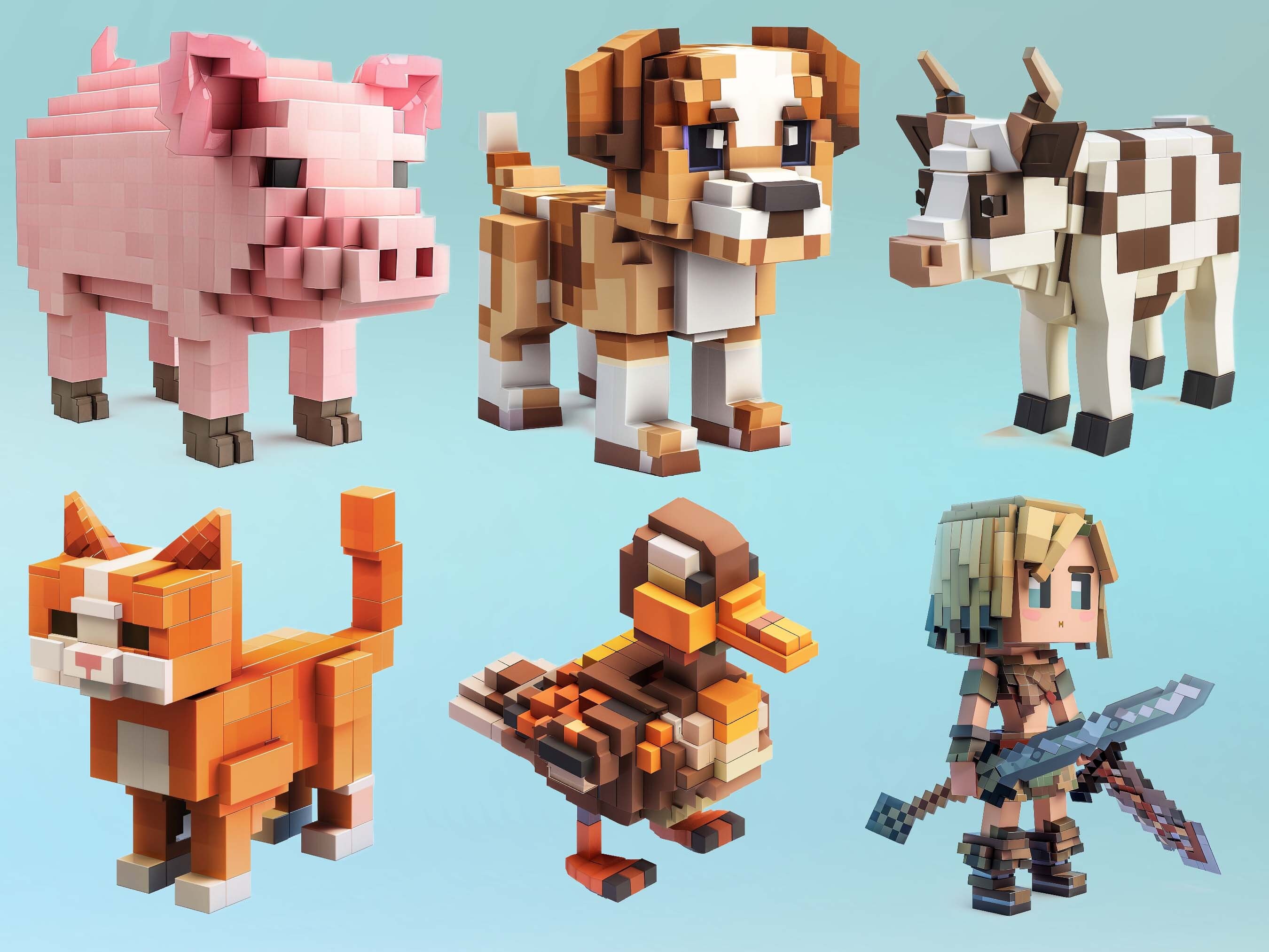 3D Pixelated Animals Clipart Bundle 20 Building Block Style Character ...
