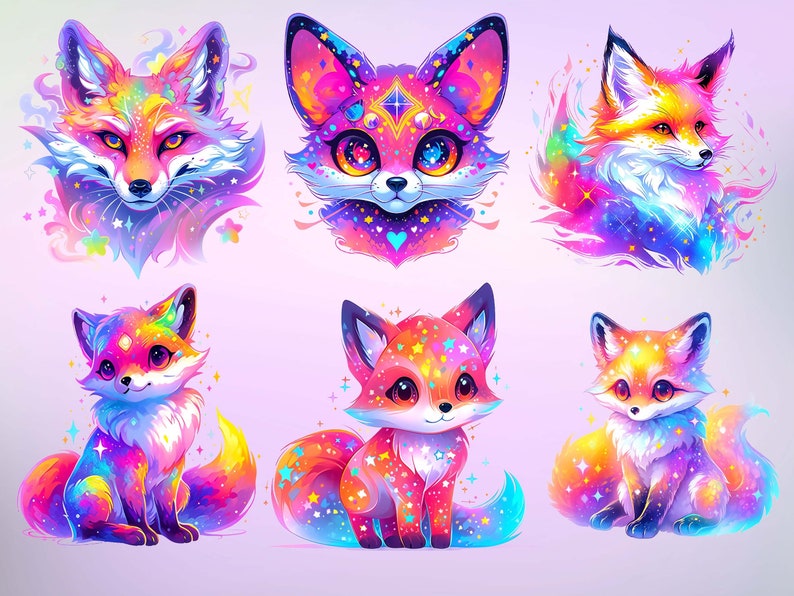90's Neon Foxes Clipart Bundle 20 PNG Graphics, Neon Fox, Baby Fox PNG ...