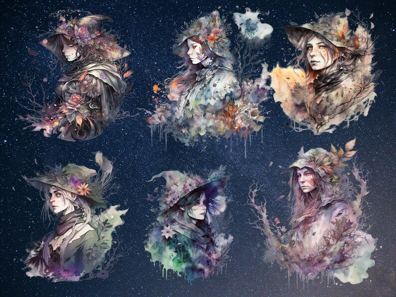 Watercolor Witch Clipart Bundle, 20 Fantasy PNG Witchcraft Clip Art ...