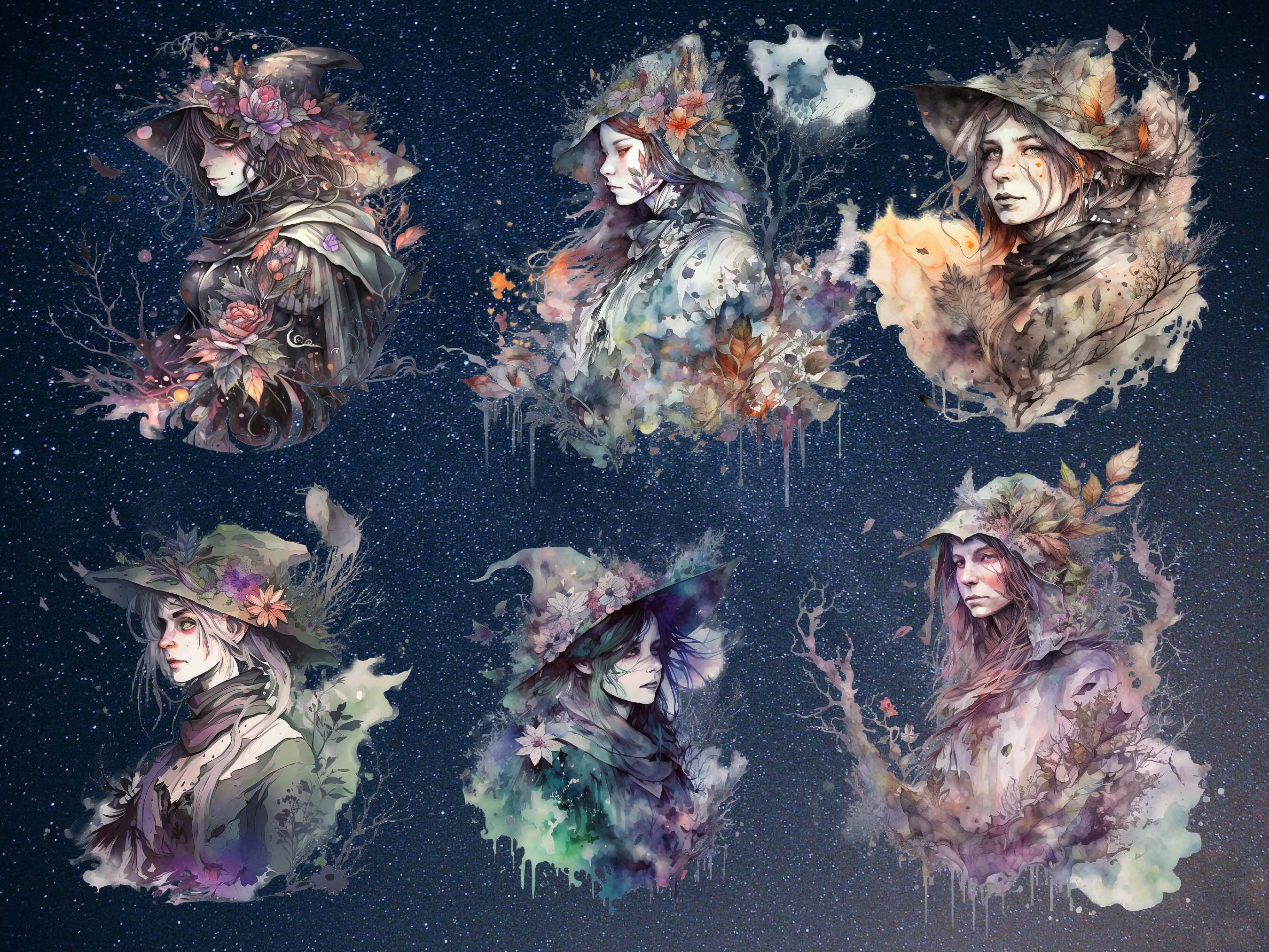 Watercolor Witch Clipart Bundle, 20 Fantasy PNG Witchcraft Clip Art ...