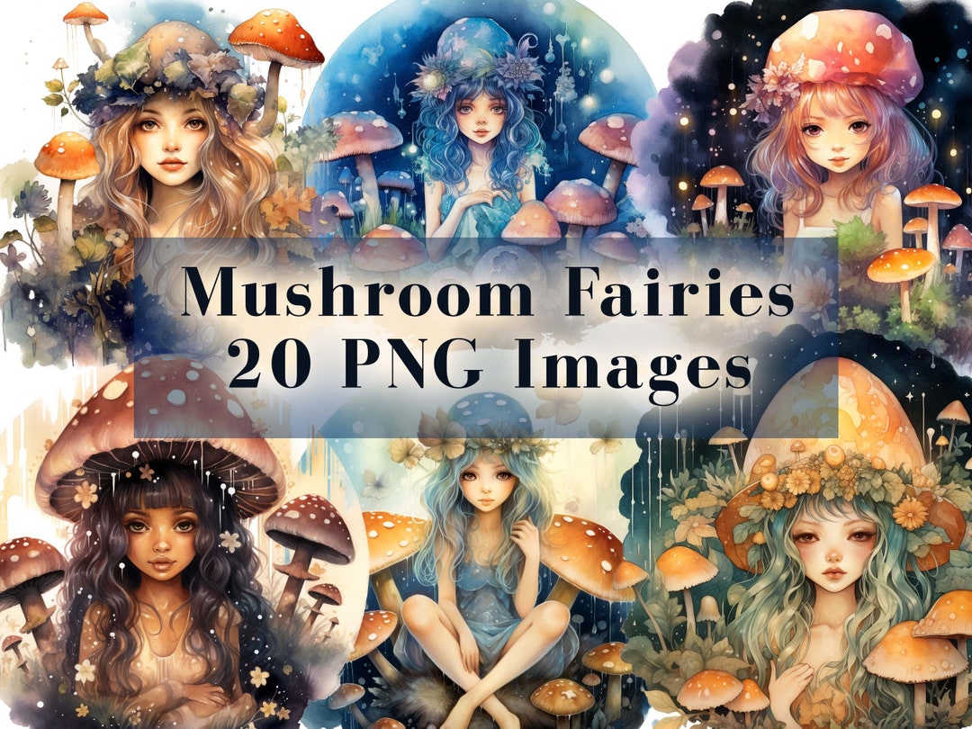 Mushroom Fairies Clipart Bundle - 20 Nighttime Fantasy Watercolor PNG ...