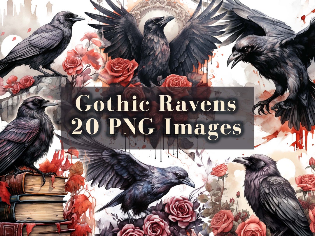 Gothic Raven Clipart - 20 PNG Graphics, Watercolor Halloween Clip Art ...