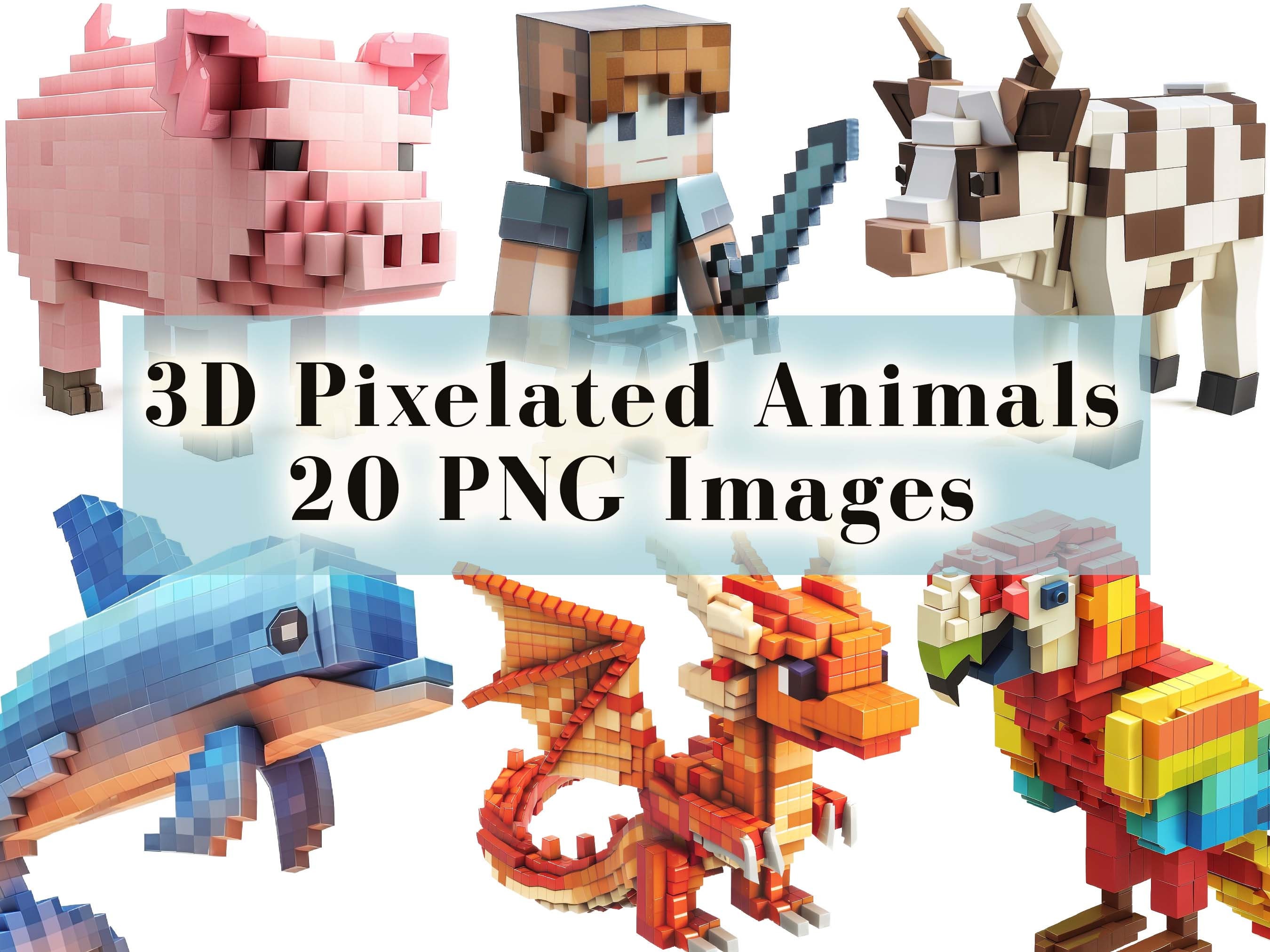 3D Pixelated Animals Clipart Bundle - 20 Building Block Style Character ...