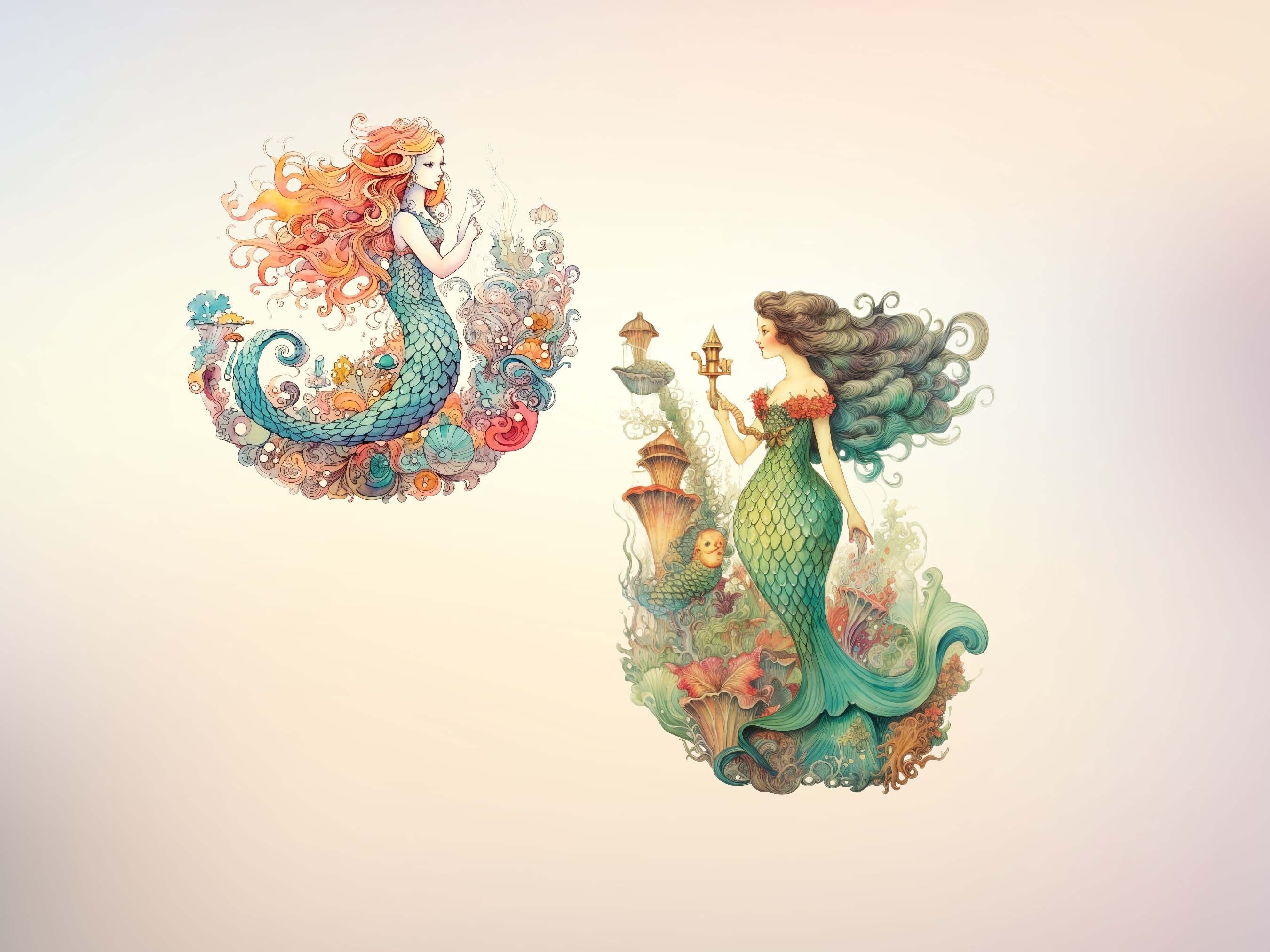 Vintage Mermaid Clipart - 20 Magical Enchanting Mermaid Illustrations ...