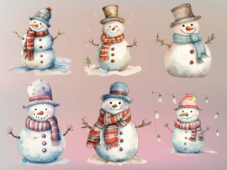 Cute Watercolor Snowman PNG Clipart Bundle of 20 Christmas Holiday ...