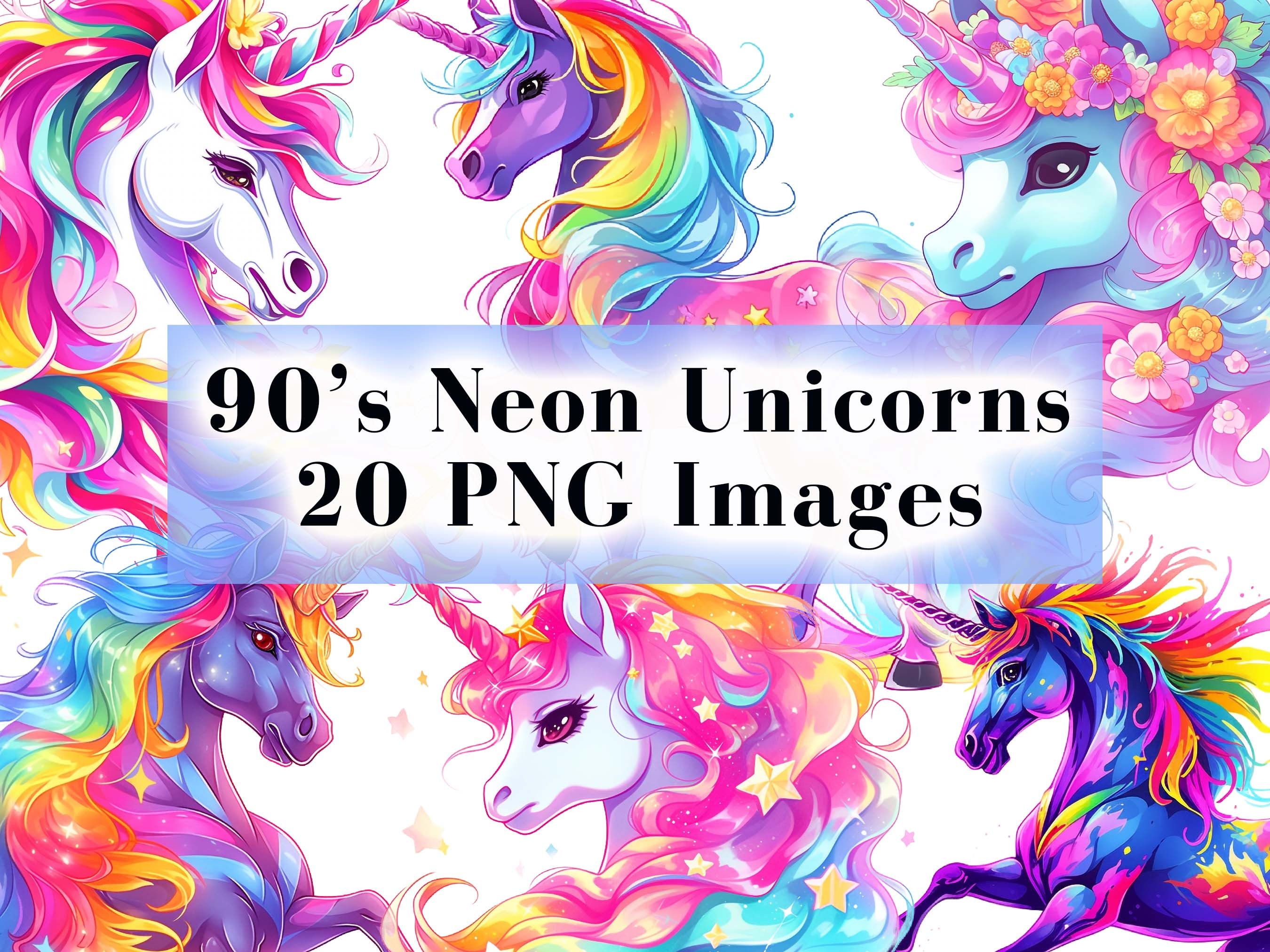 90's Neon Unicorns Clipart Bundle 20 PNG Graphics, Retro Unicorn PNG ...