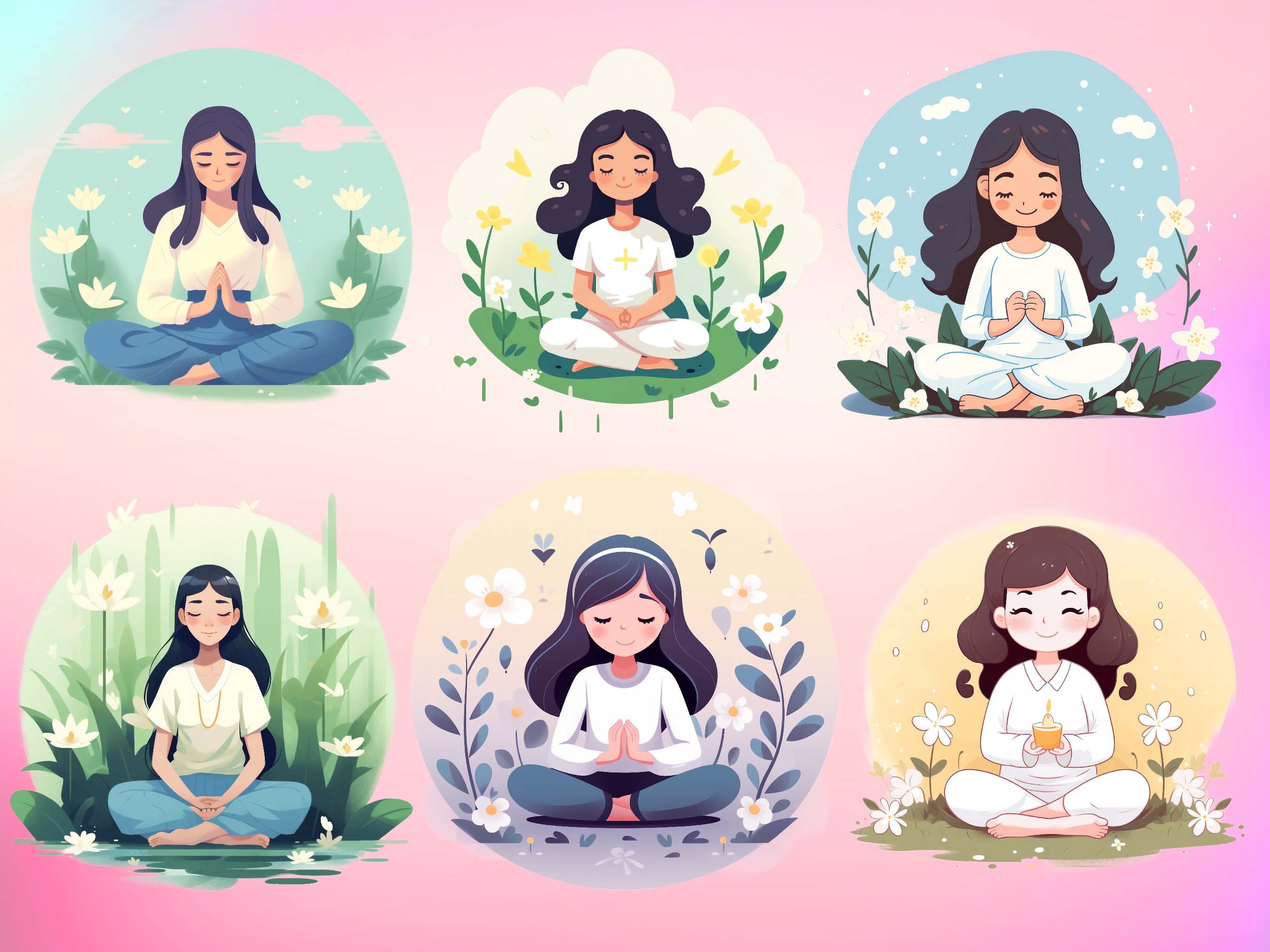 Kawaii Meditation Girls Clipart Bundle, 20 Cute Yoga Clip Art PNG, Self ...