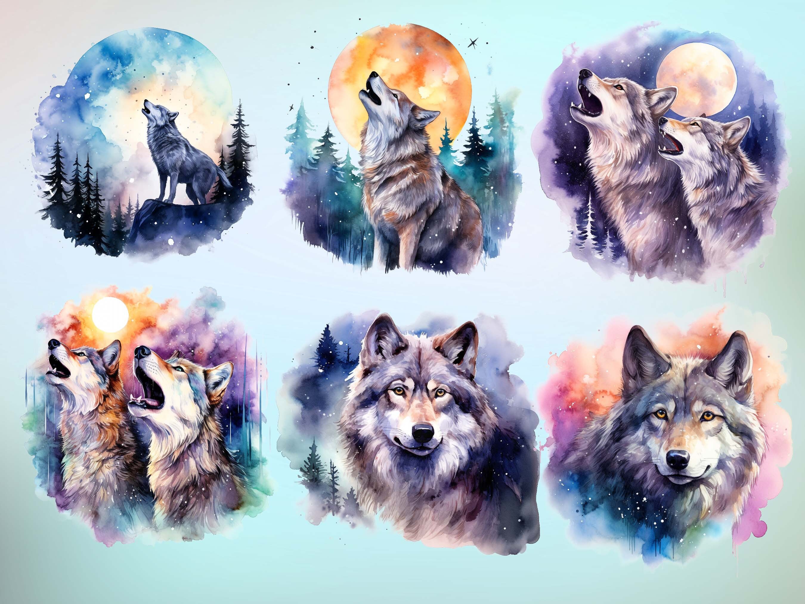 Galaxy Wolf Clipart Bundle 20 PNG Full Moon Wolves Graphics ...
