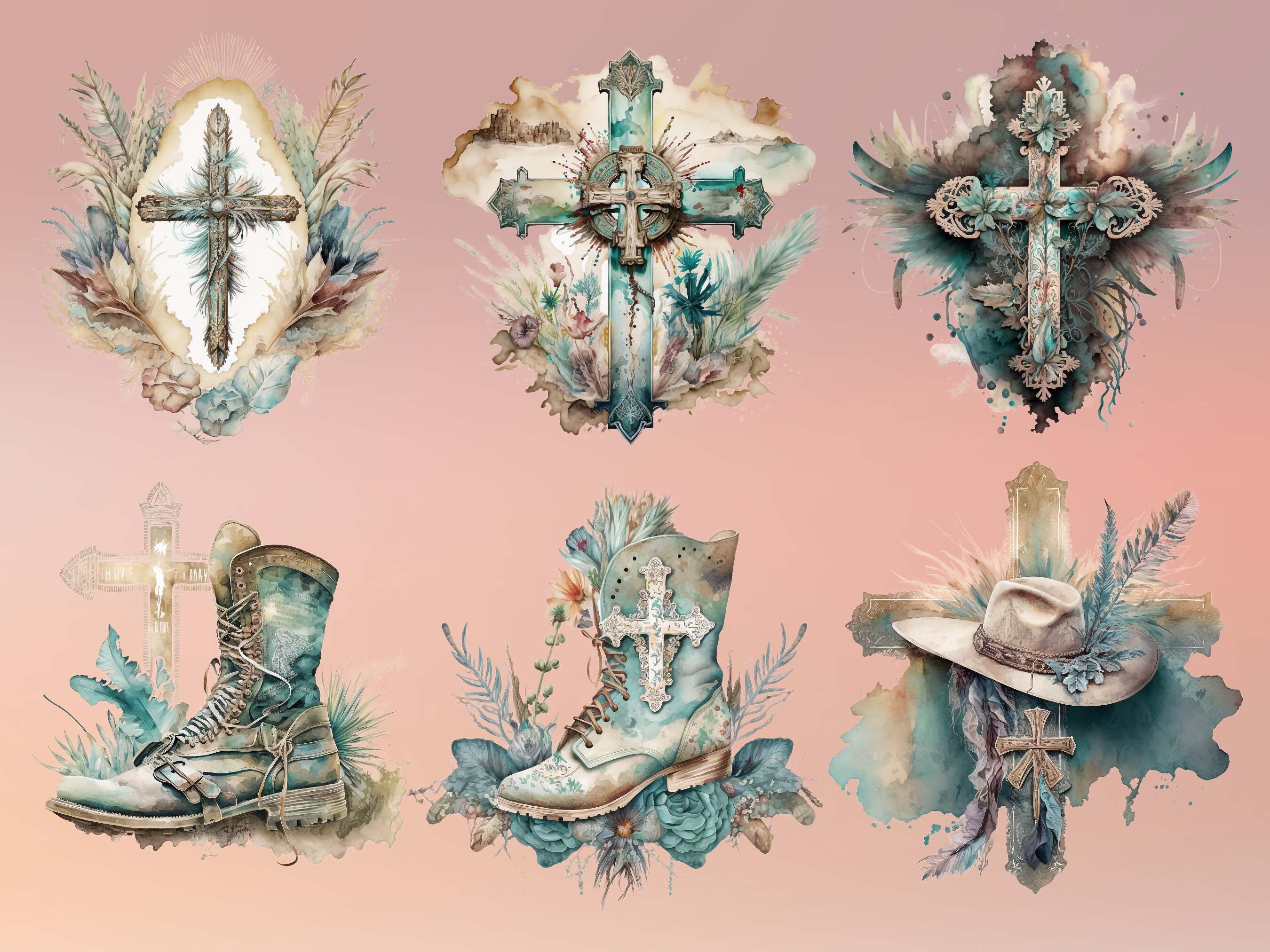 Watercolor Western Christian Clipart Bundle, Western Cross Graphics PNG ...