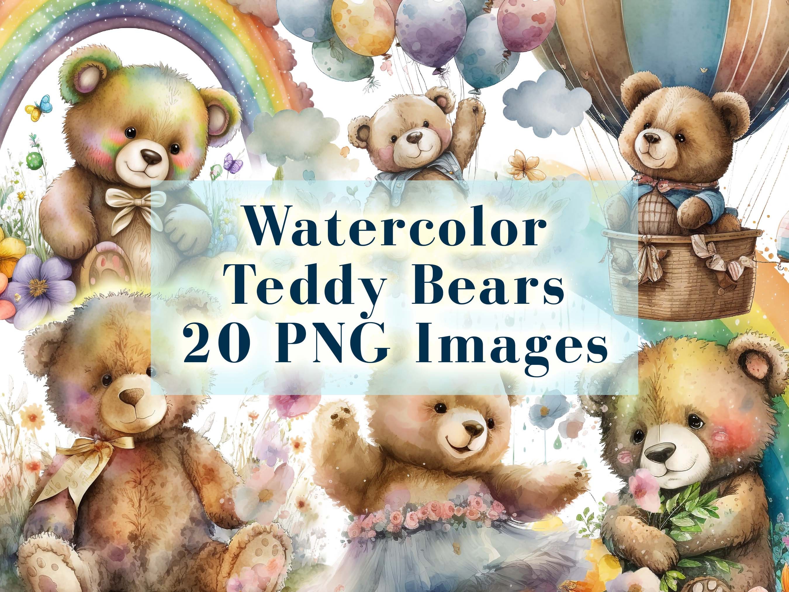 Baby Bear Nursery Art PNG Bundle, Watercolor Teddy Bear Printable ...