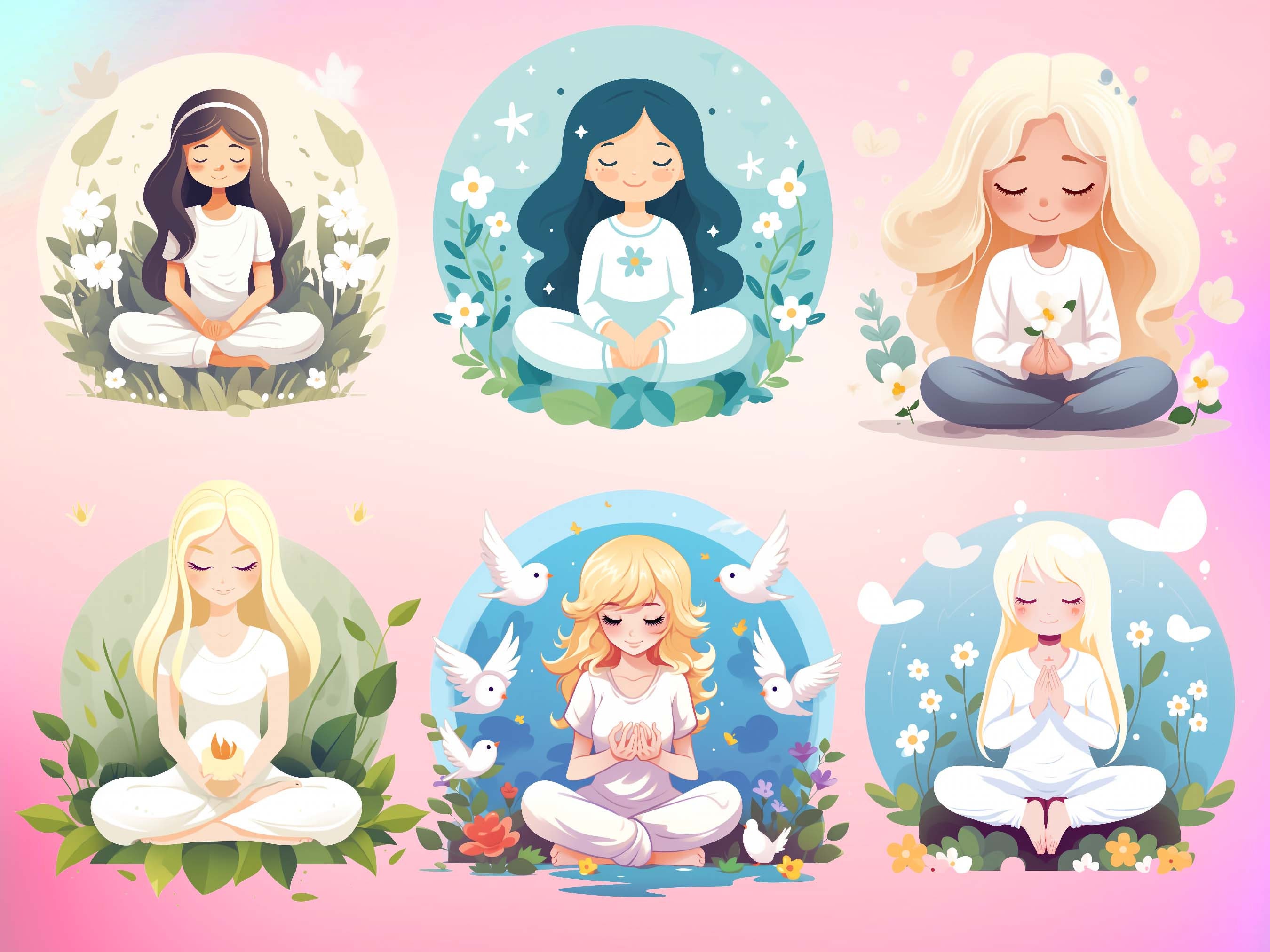 Kawaii Meditation Girls Clipart Bundle, 20 Cute Yoga Clip Art PNG, Self ...