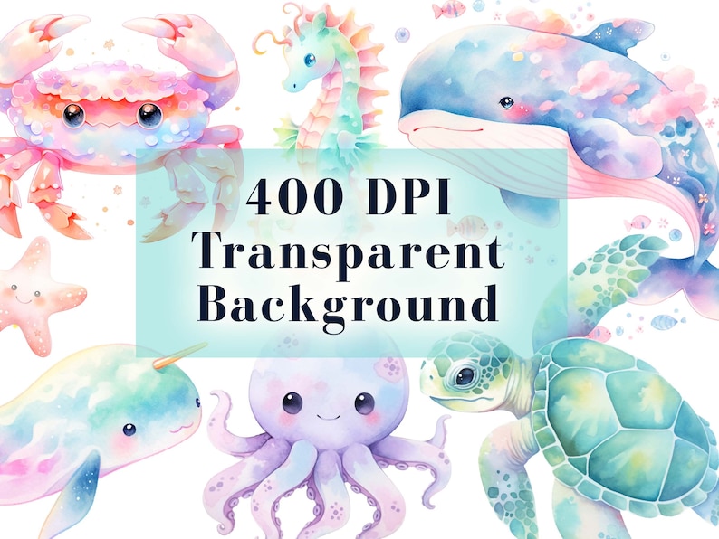 Pastel Sea Animals Watercolor Clipart - 20 PNG, Baby Shower, Ocean ...