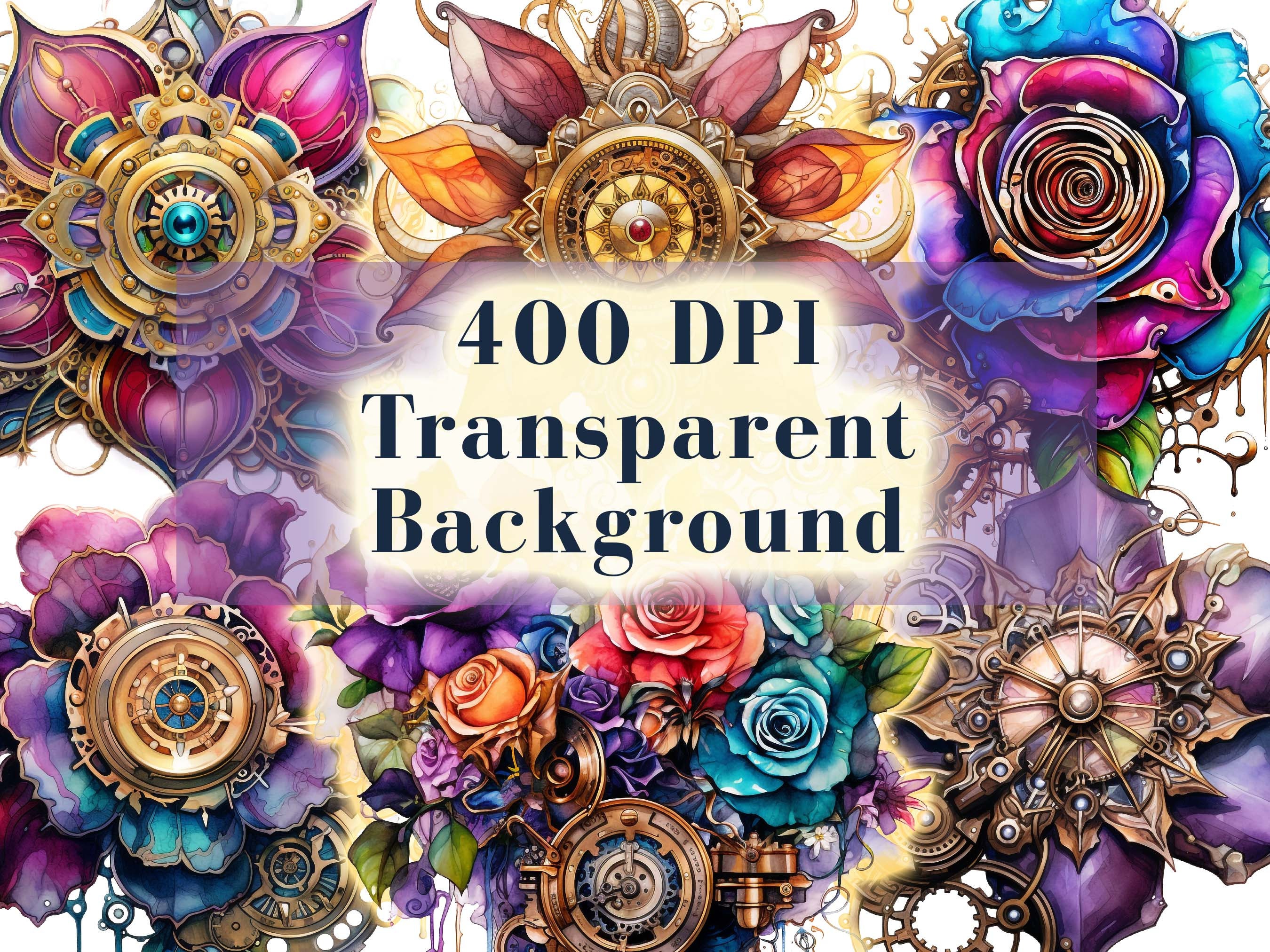 Steampunk Flowers Clipart Bundle, 20 PNG Floral Fantasy Graphics, Junk ...