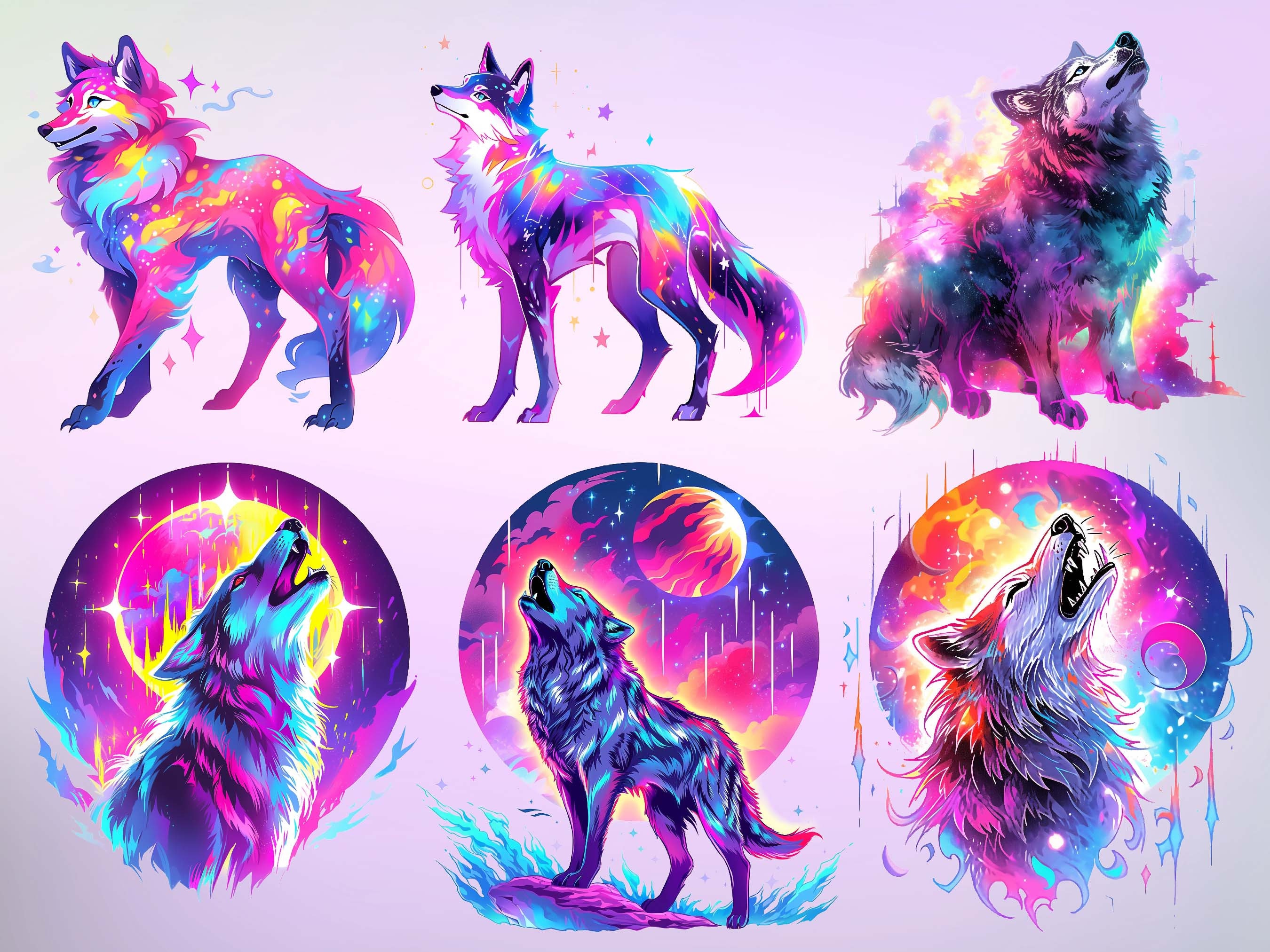 90's Neon Wolves Clipart Bundle - 20 PNG Graphics, Neon Wolf, Howling ...