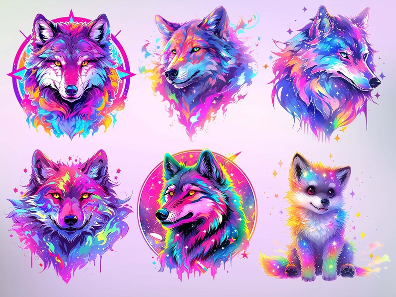 90's Neon Wolves Clipart Bundle - 20 PNG Graphics, Neon Wolf, Howling ...