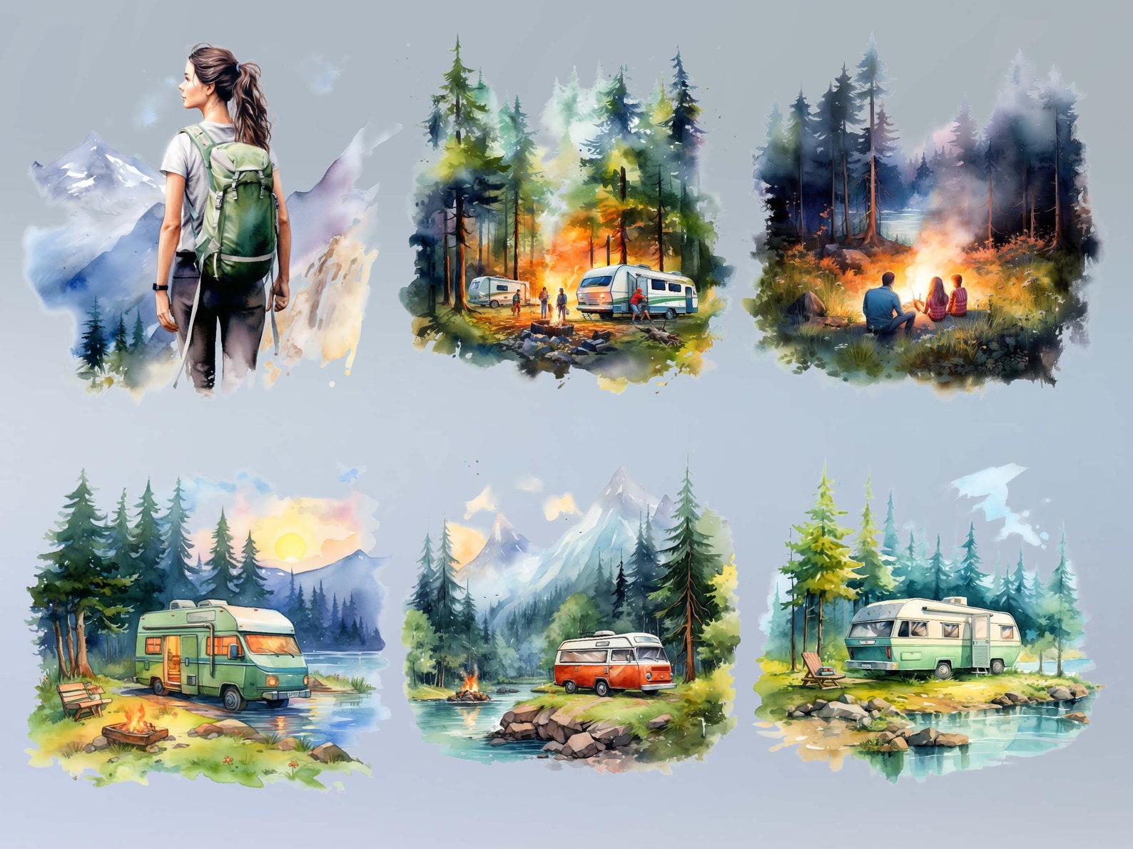 Watercolor Camping Clipart Bundle 20 PNG Graphics Tent, Campfire ...