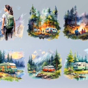 Watercolor Camping Clipart Bundle 20 PNG Graphics - Tent, Campfire ...