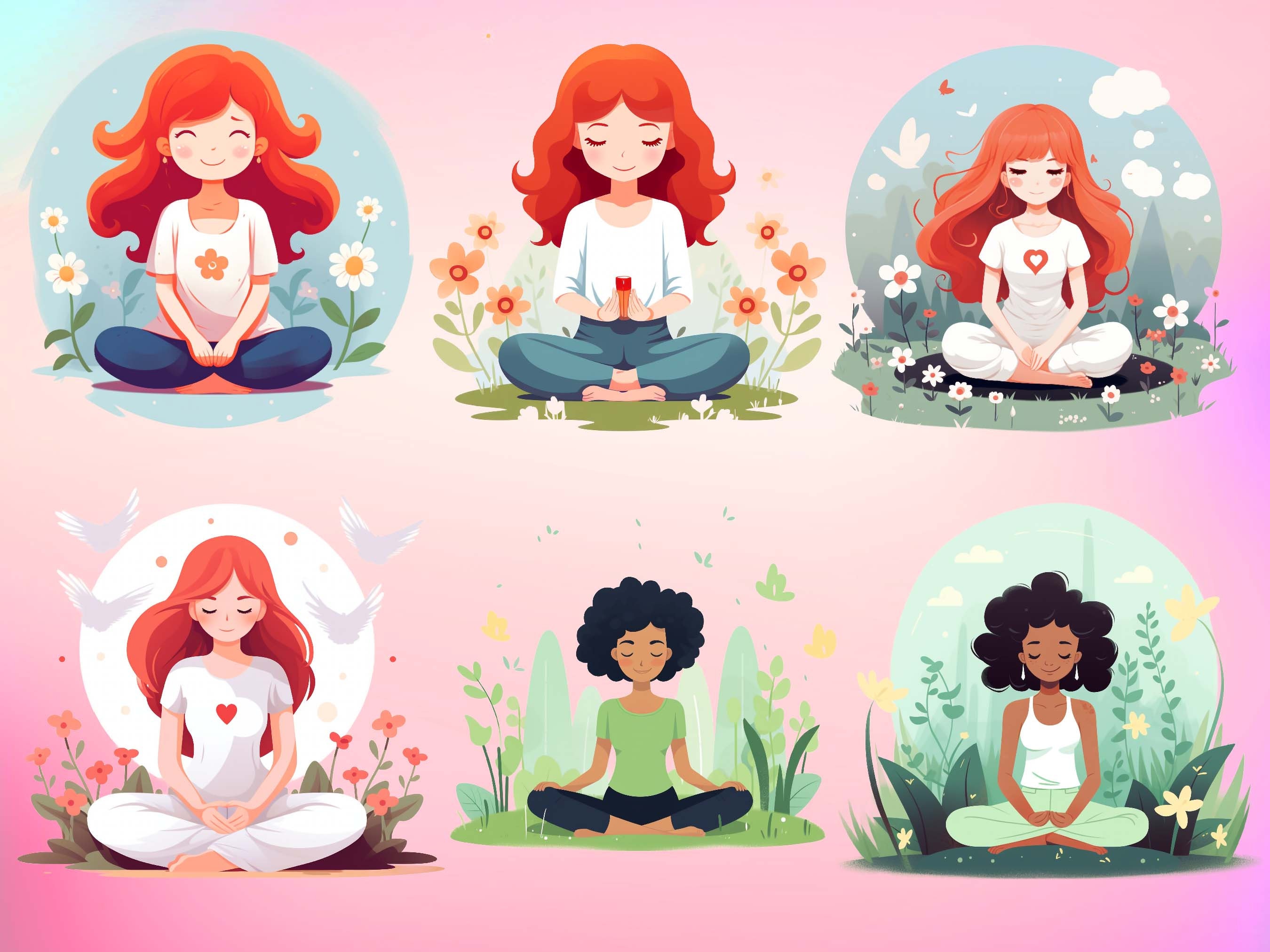 Kawaii Meditation Girls Clipart Bundle, 20 Cute Yoga Clip Art PNG, Self ...
