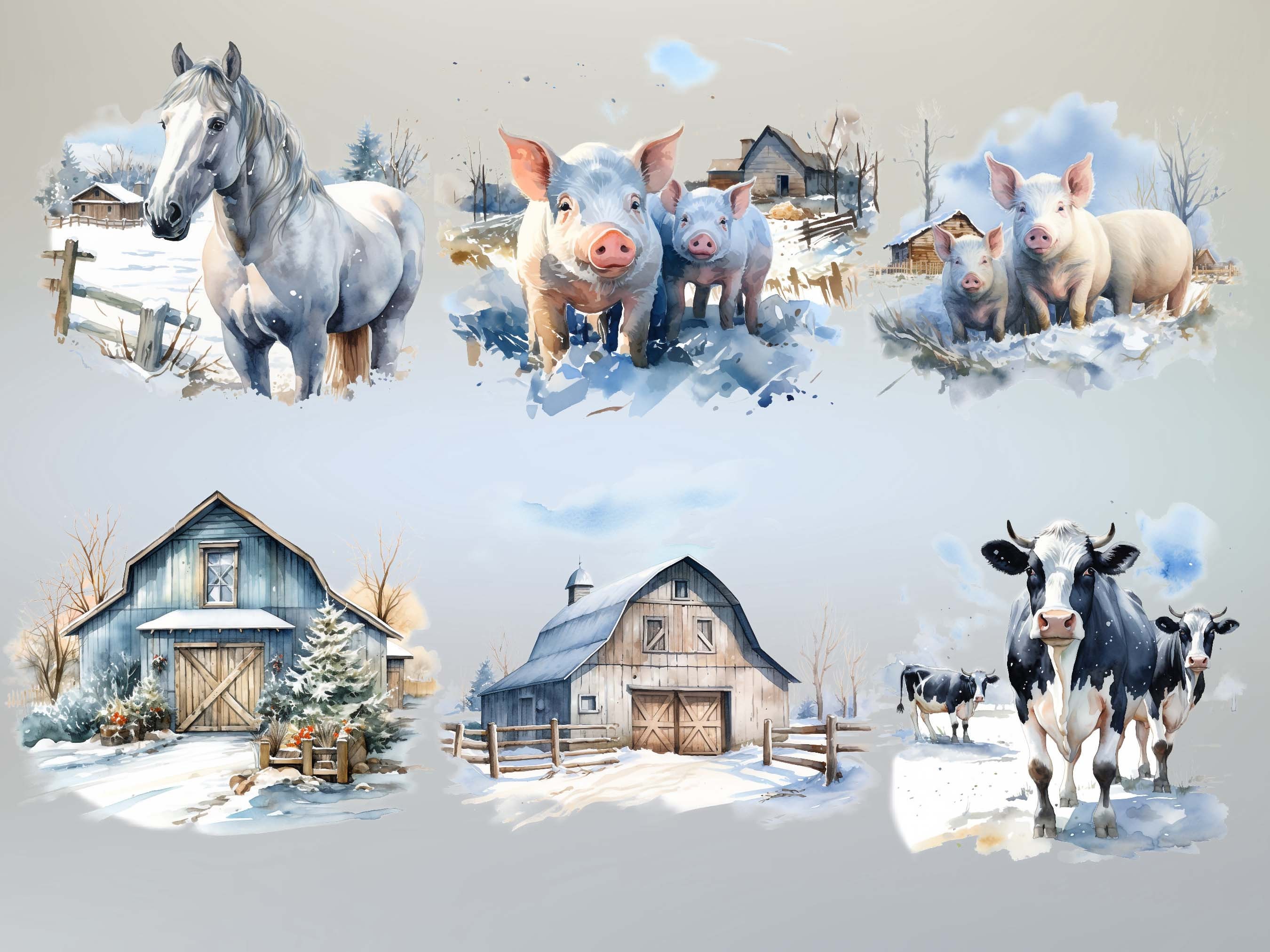 Winter Farmhouse Clipart Bundle 20 Watercolor PNG Winter Snow Barnyard ...