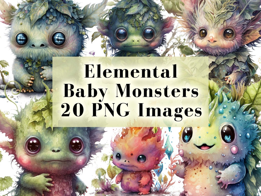 Magical Baby Monsters Watercolor Clipart Bundle - 20 Elemental Cute ...