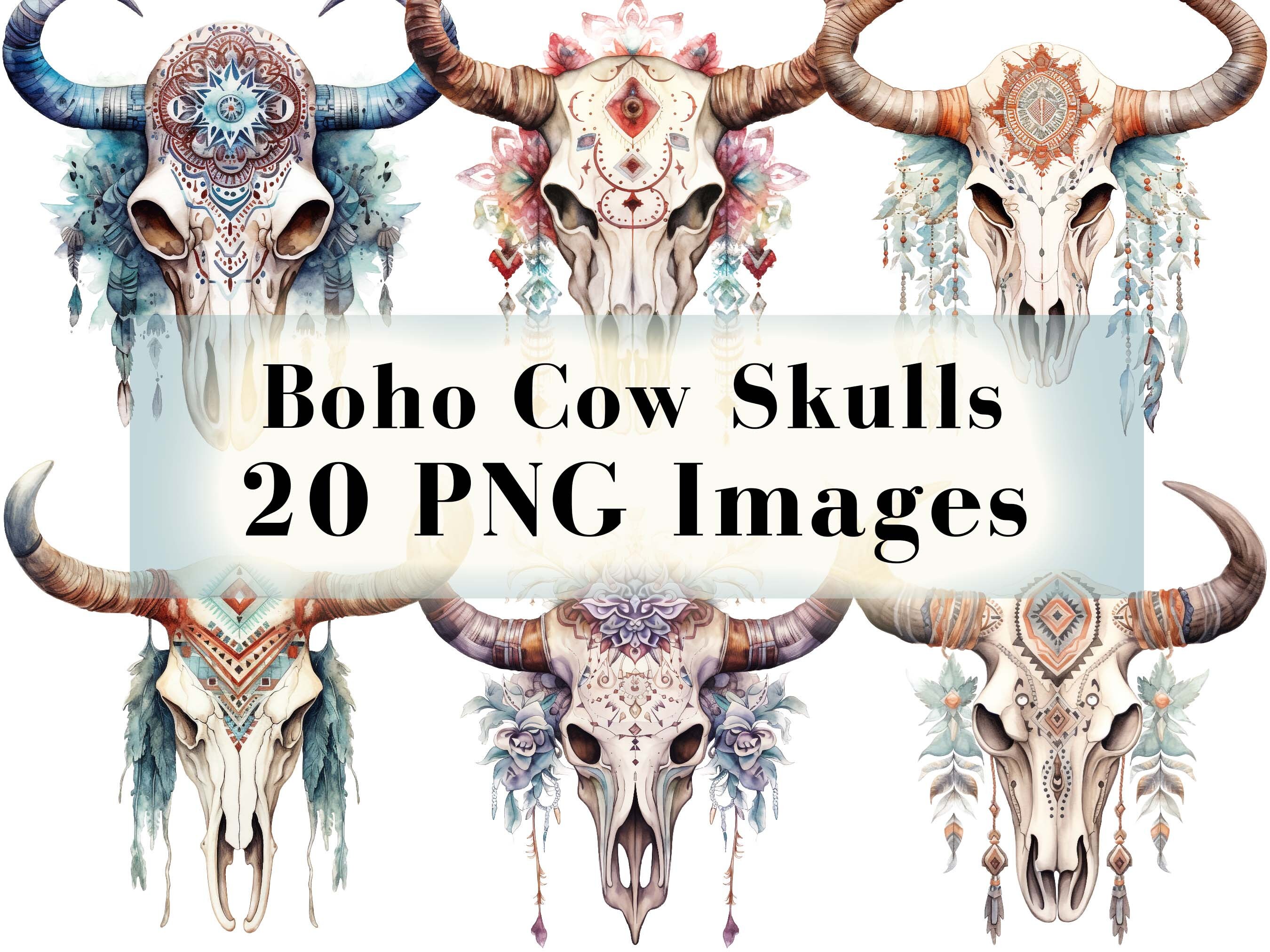Western Boho Cow Skull Clip Art Bundle - 20 PNG Graphics, Bohemian ...