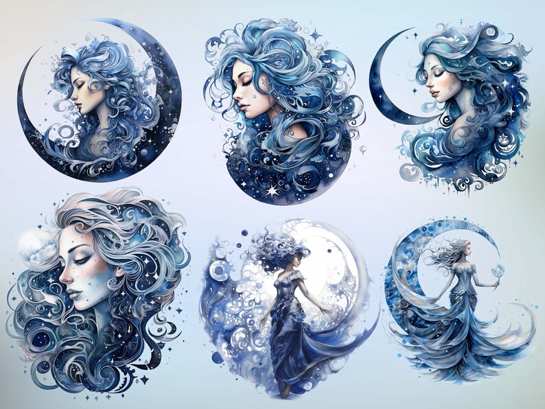 Celestial Clipart, Blue Moon Goddess Clip Art, 20 Fantasy PNG Bundle ...