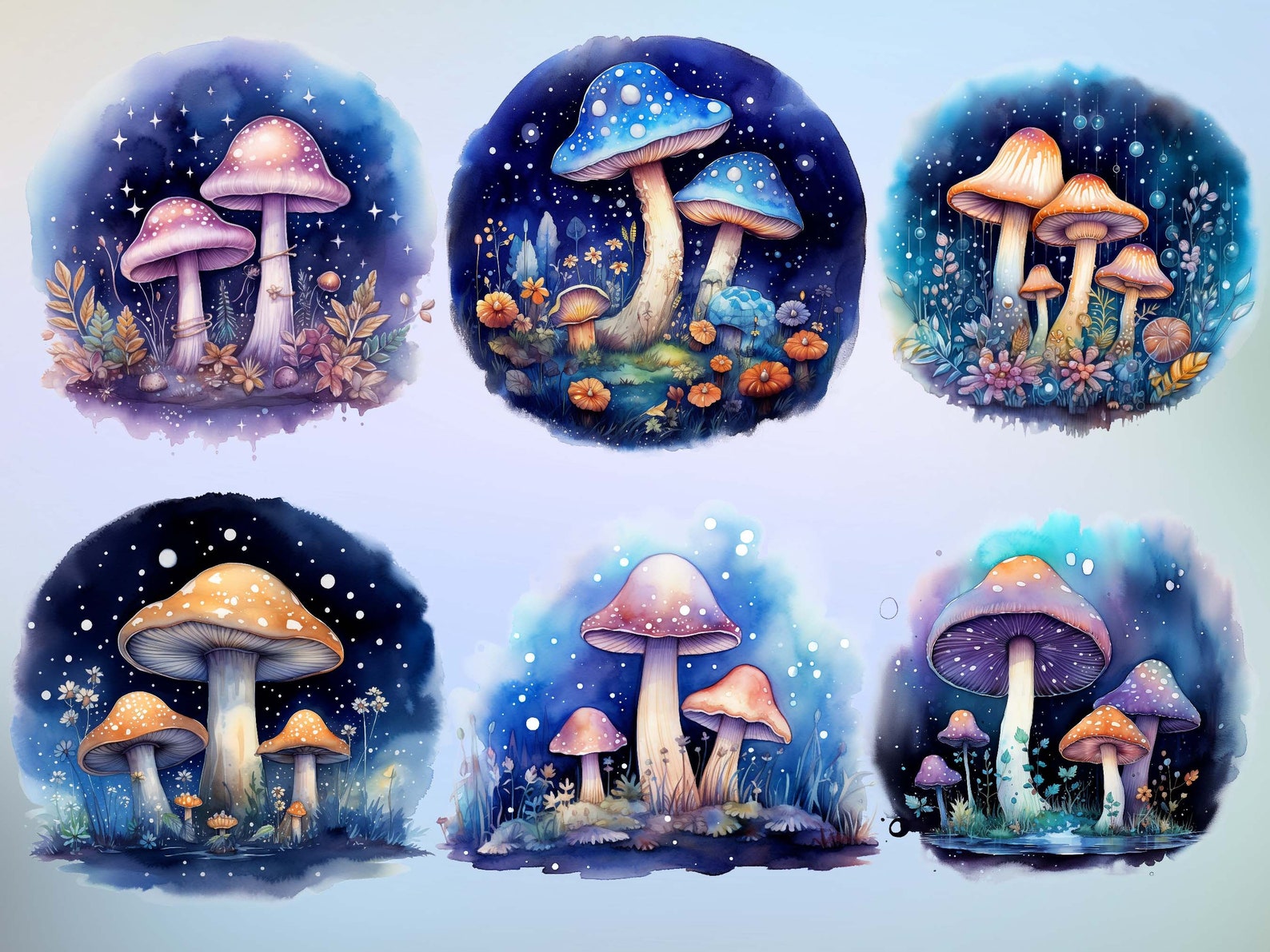 Watercolor Mushrooms Clipart Bundle - 20 Nighttime Fantasy Toadstool ...