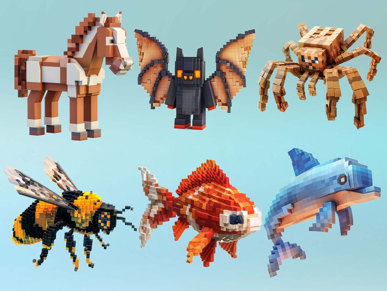 3D Pixelated Animals Clipart Bundle 20 Building Block Style Character ...