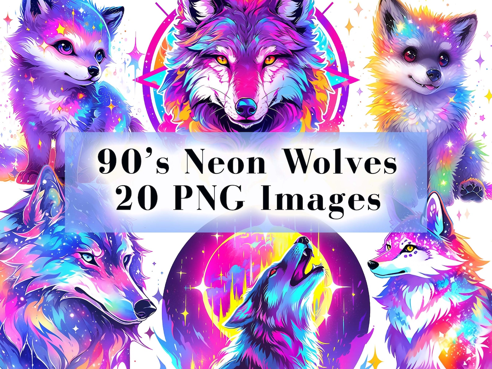90's Neon Wolves Clipart Bundle - 20 PNG Graphics, Neon Wolf, Howling ...