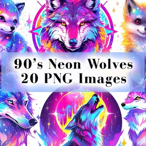 90's Neon Wolves Clipart Bundle - 20 PNG Graphics, Neon Wolf, Howling ...