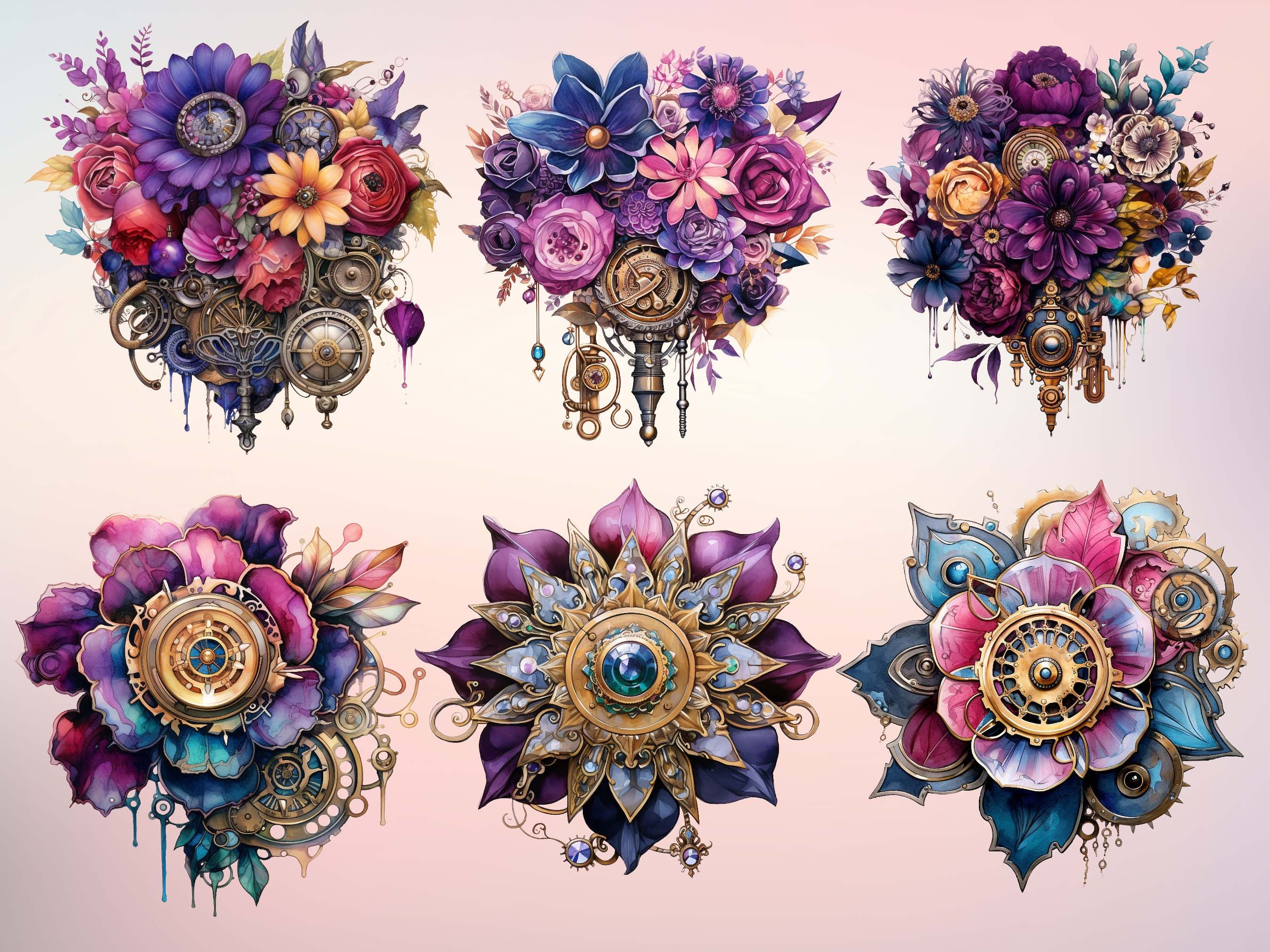 Steampunk Flowers Clipart Bundle, 20 PNG Floral Fantasy Graphics, Junk ...