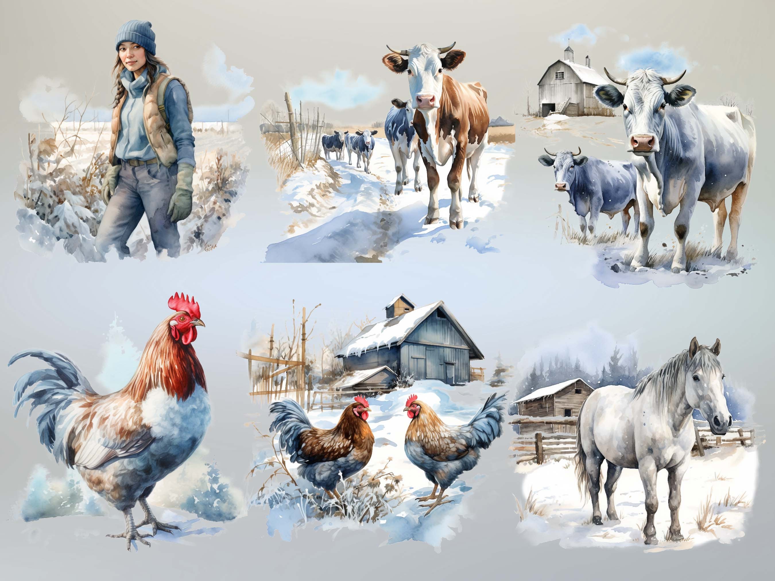 Winter Farmhouse Clipart Bundle 20 Watercolor PNG Winter Snow Barnyard ...