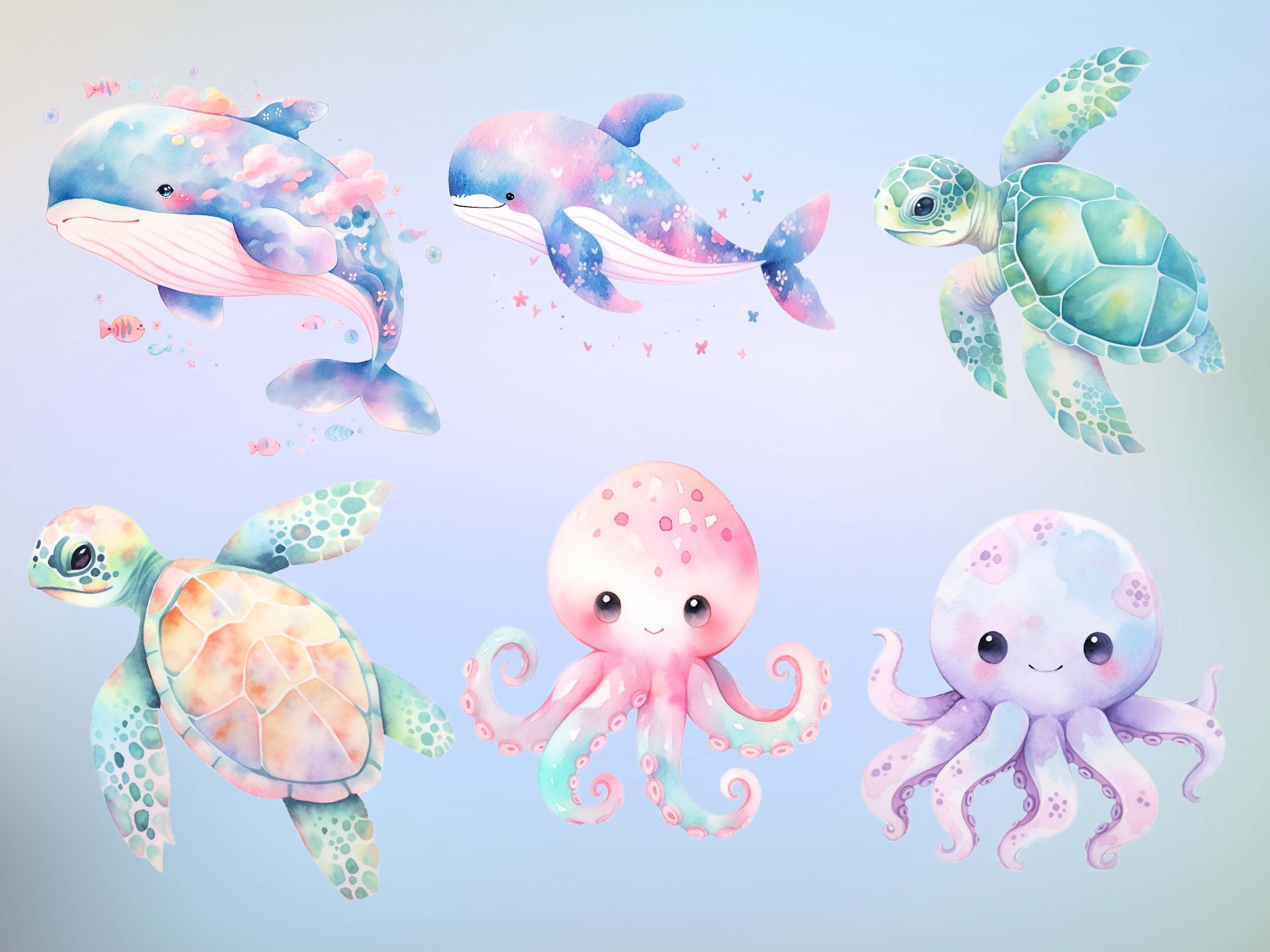 Pastel Sea Animals Watercolor Clipart - 20 PNG, Baby Shower, Ocean ...