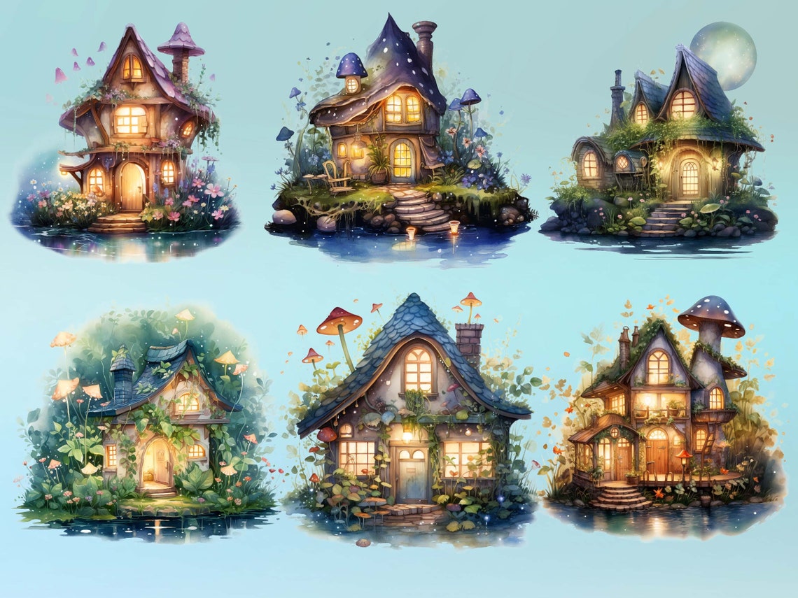 Enchanted Fairy Houses Clipart, 20 PNG Bundle, Magic Woodland Clipart ...