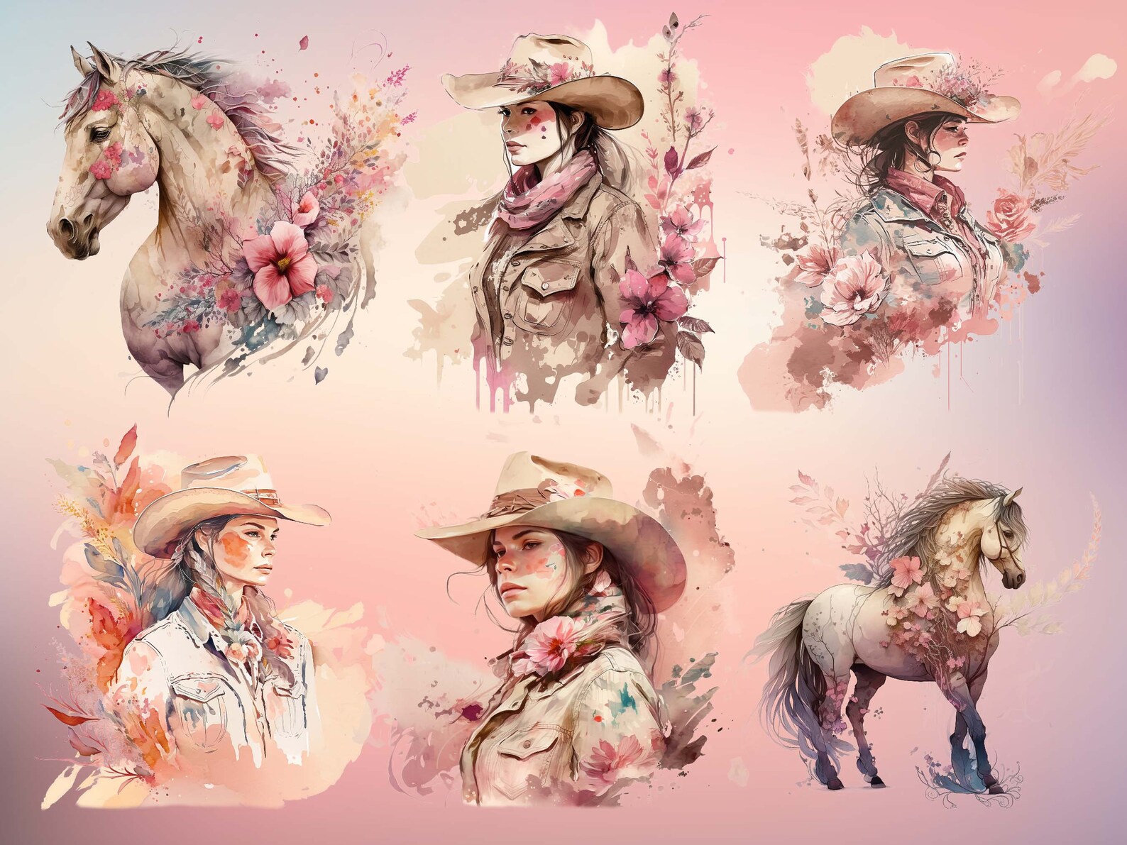 Watercolor Western Boho Clip Art Bundle - 20 PNG Graphics, Bohemian ...