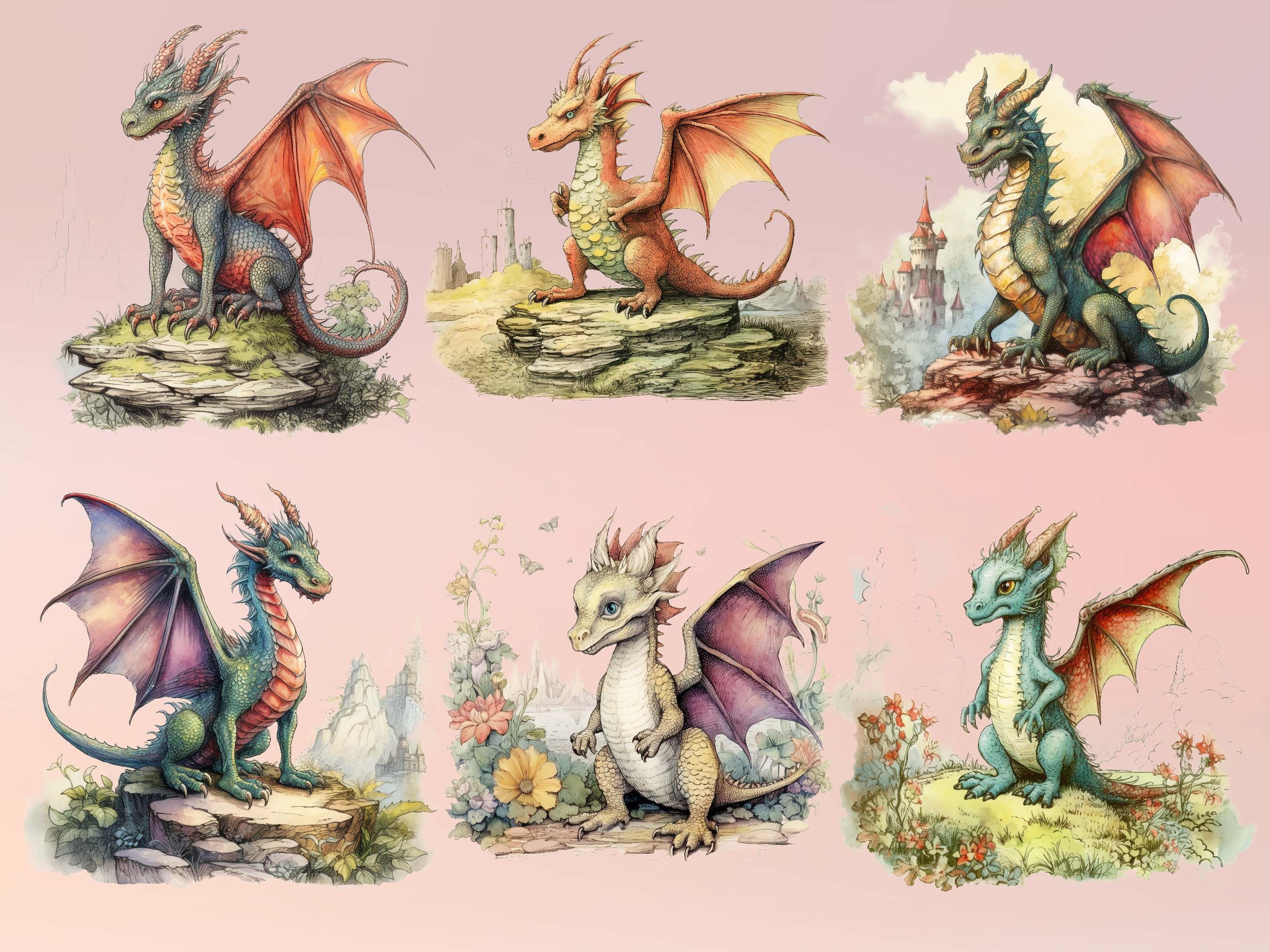Dragon PNG Bundle - 20 Vintage Storybook Dragon Clipart, Fantasy Clip ...