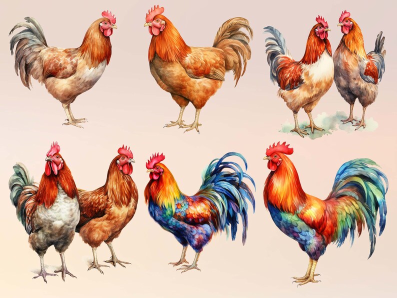 Watercolor Chicken PNG Bundle, Roosters Clipart, 20 High Quality ...