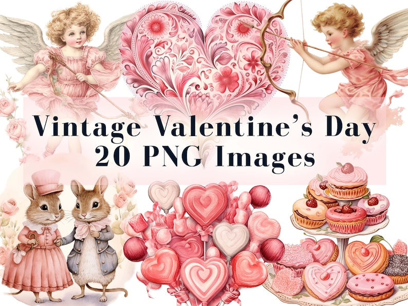 Vintage Valentine Clipart Bundle, 20 PNG Valentines Clip Art ...
