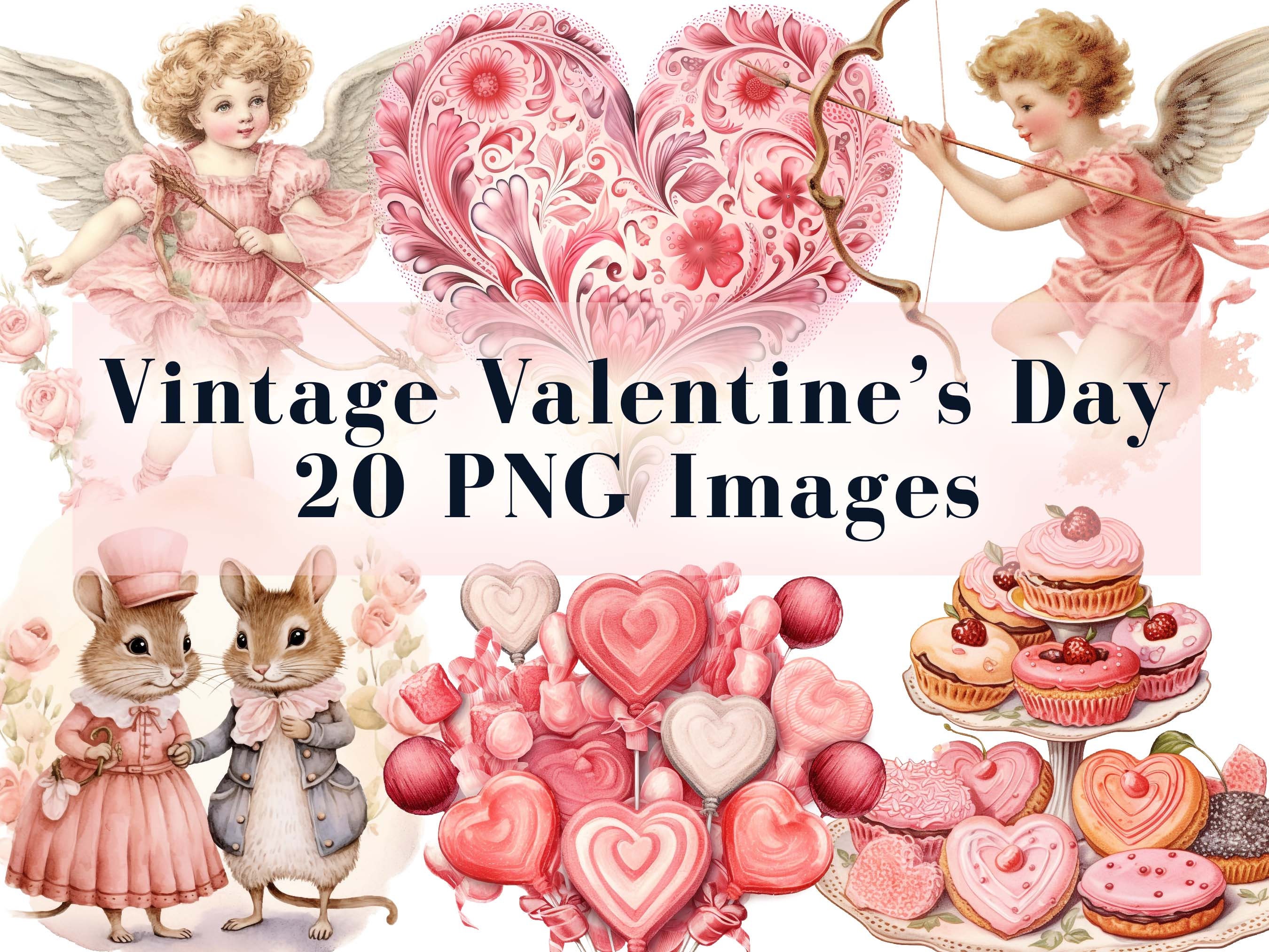 Vintage Valentine Clipart Bundle, 20 PNG Valentines Clip Art ...