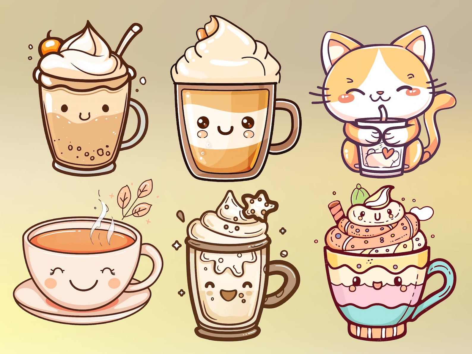 Coffee Kawaii Clipart Bundle - 20 Cute Coffee PNG Clip Art, Coffee ...
