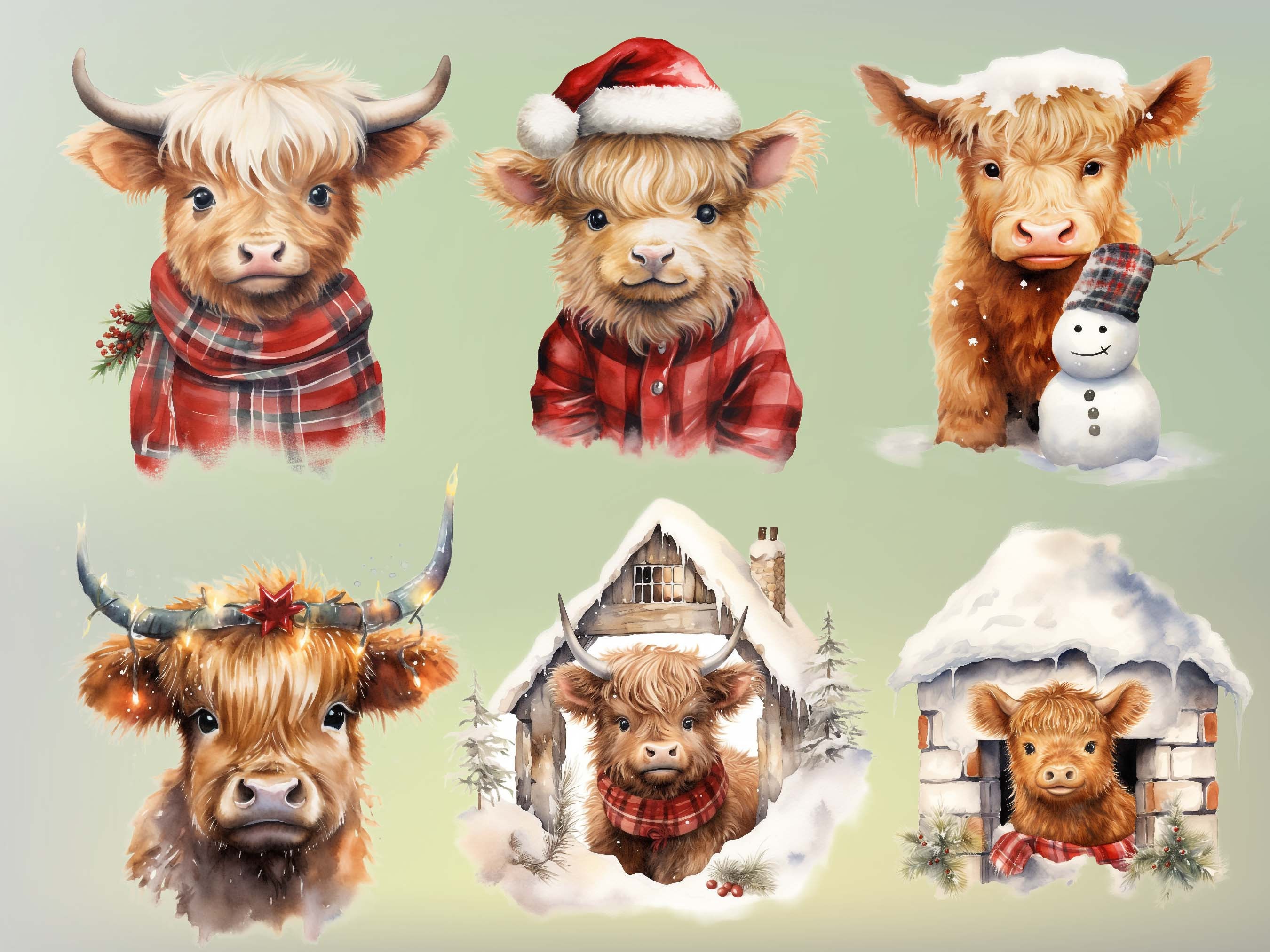 Watercolor Christmas Highland Cows Clipart Bundle 20 PNG Graphics for ...