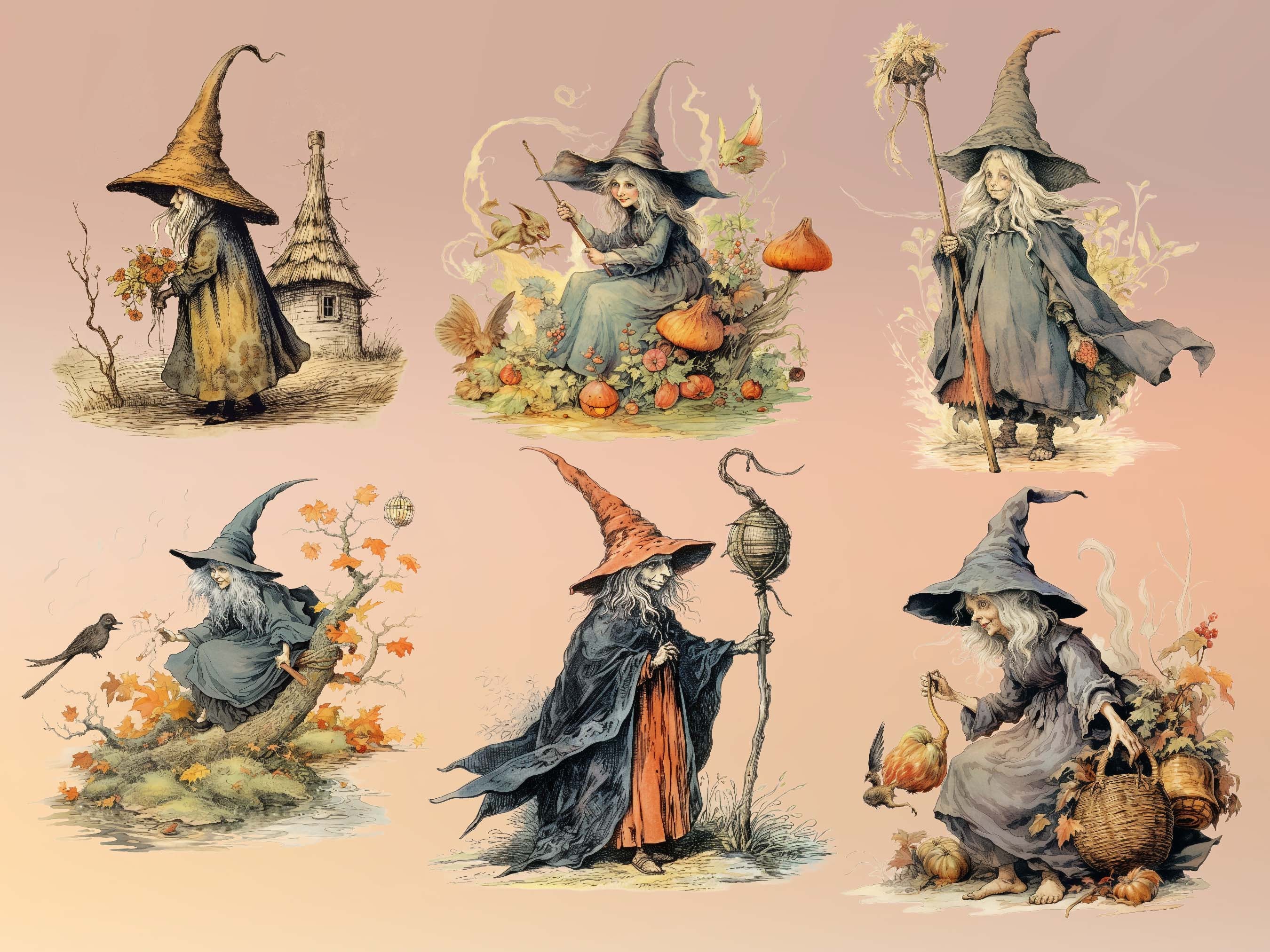 Vintage Storybook Witch Clipart Bundle, 20 Autumn Witches PNG ...