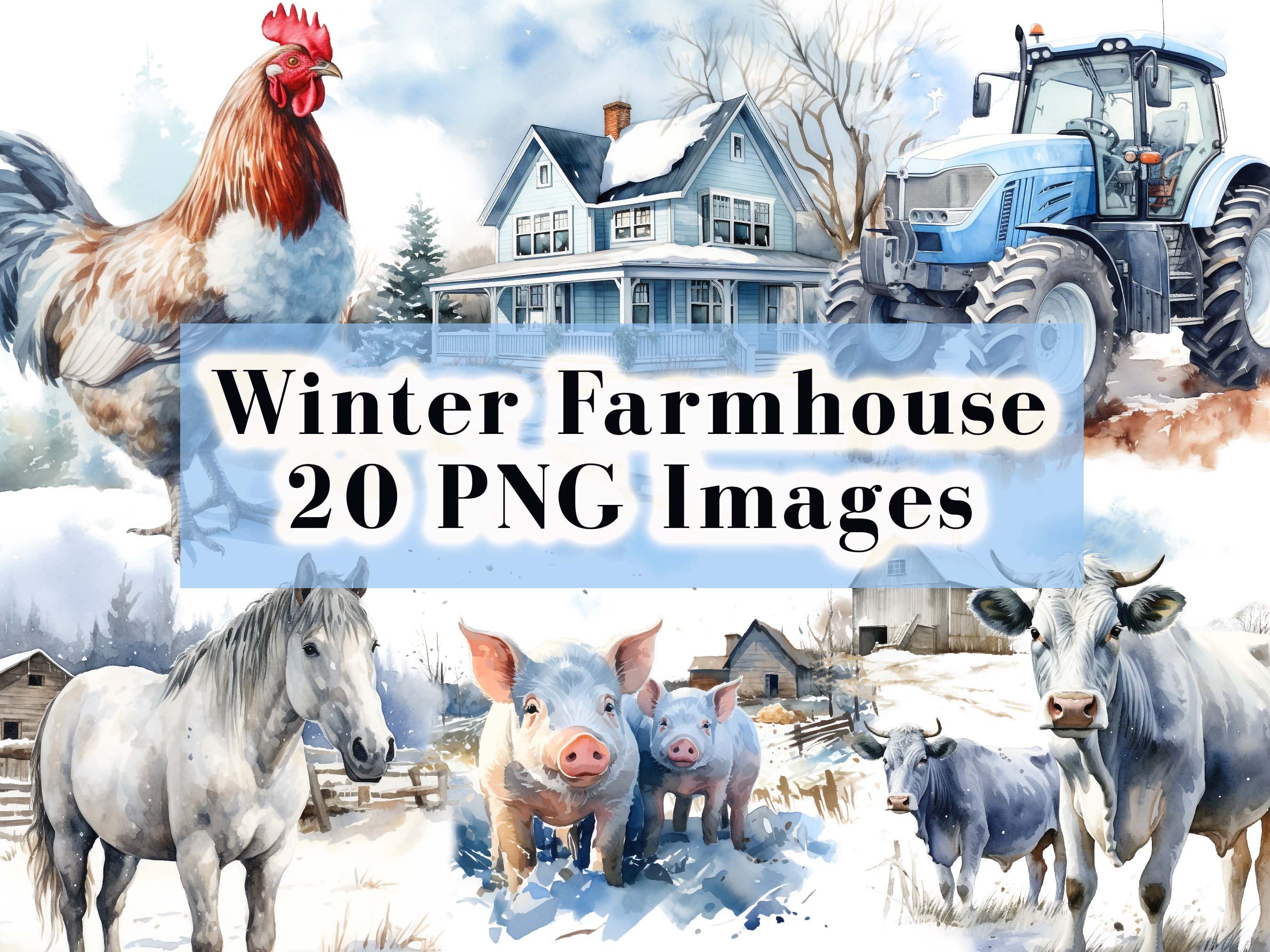 Winter Farmhouse Clipart Bundle 20 Watercolor PNG Winter Snow Barnyard ...