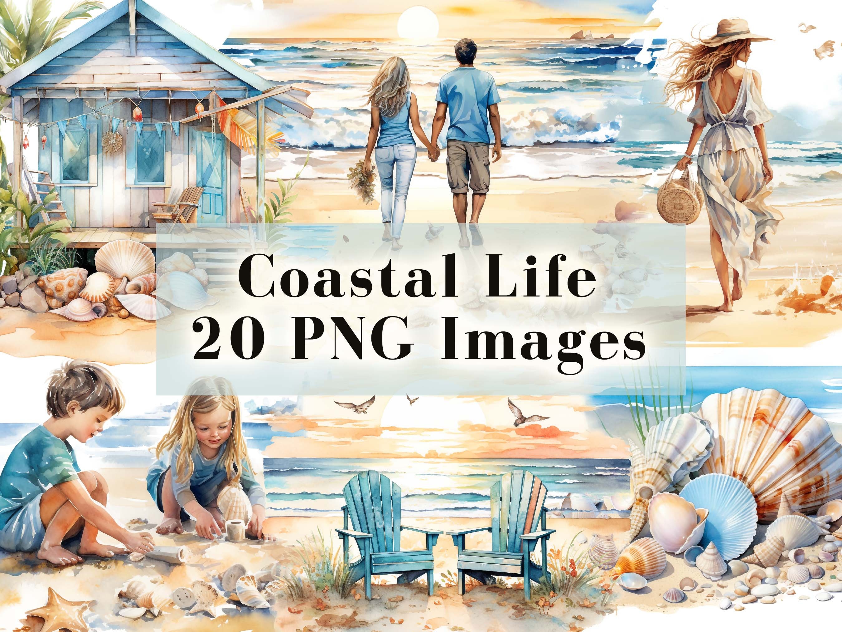 Coastal Life PNG Clipart Bundle, 20 Watercolor Beach Vacation PNG ...