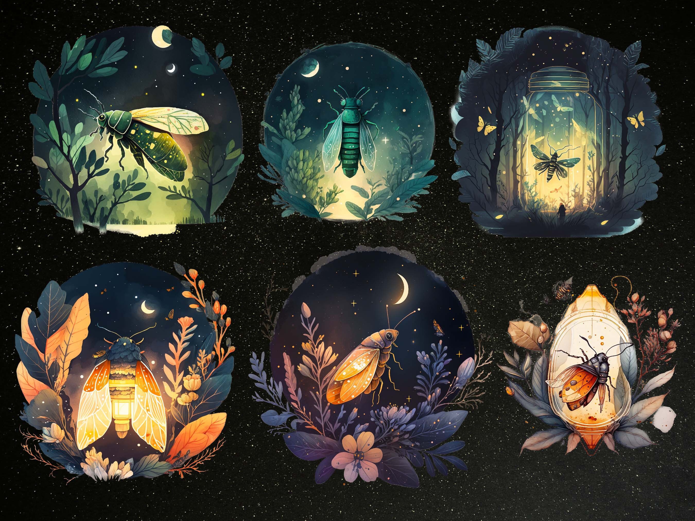 Watercolor Firefly Clipart Bundle, Summer Decor, Fireflies Art ...